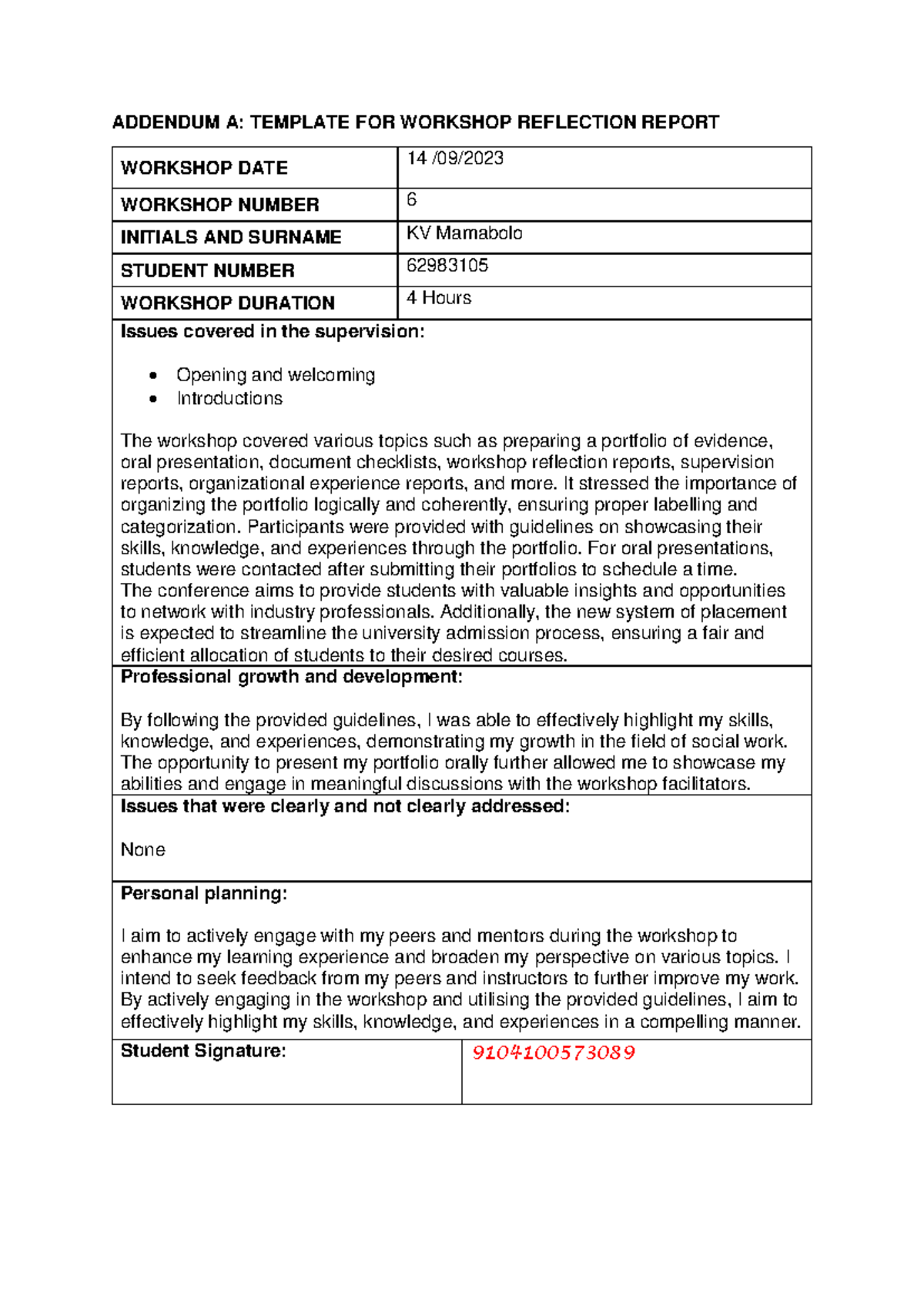 Workshop reflection report 6 - ADDENDUM A: TEMPLATE FOR WORKSHOP ...