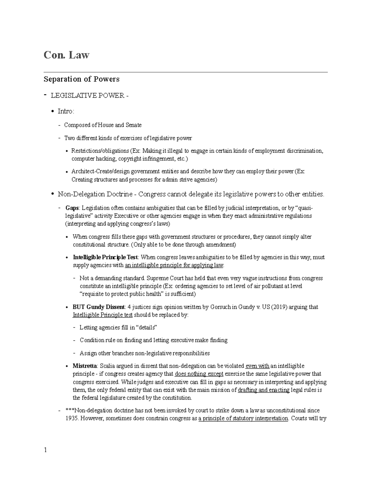 Con Law Outline Final Final - Con. Law Separation of Powers ...