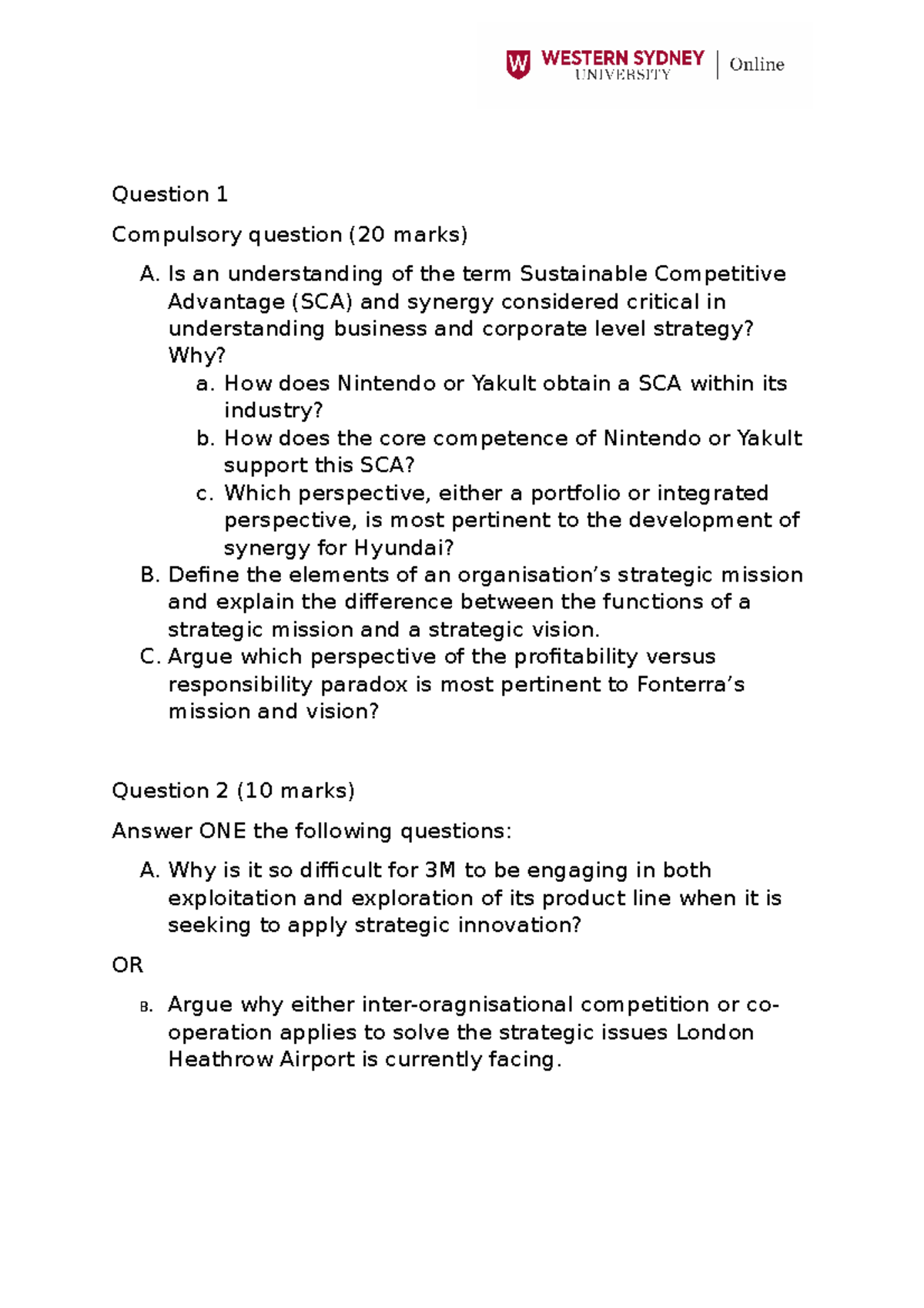 Practice exam questions - Question 1 Compulsory question (20 marks) A ...