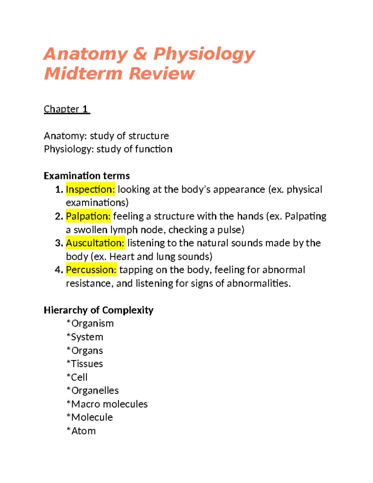 A&P Midterm Review - Summary Anatomy - Anatomy & Physiology Midterm Review Chapter 1 Anatomy ...