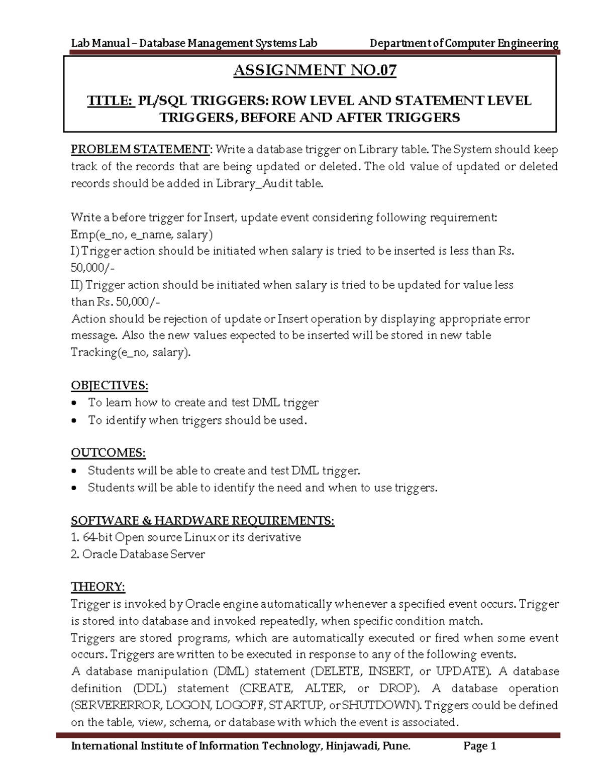 Assignment-VII Write-up - Lab Manual – Database Management Systems Lab ...