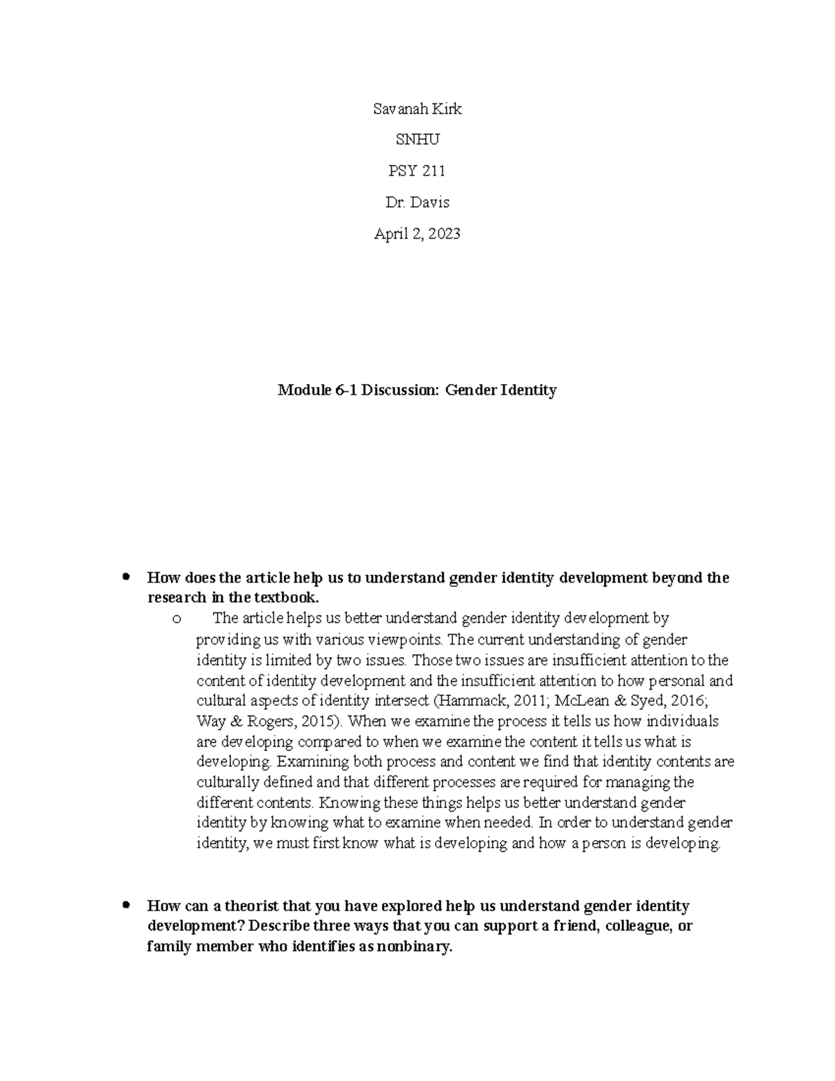 PSY 211 Module 6-1 discussion - Savanah Kirk SNHU PSY 211 Dr. Davis ...