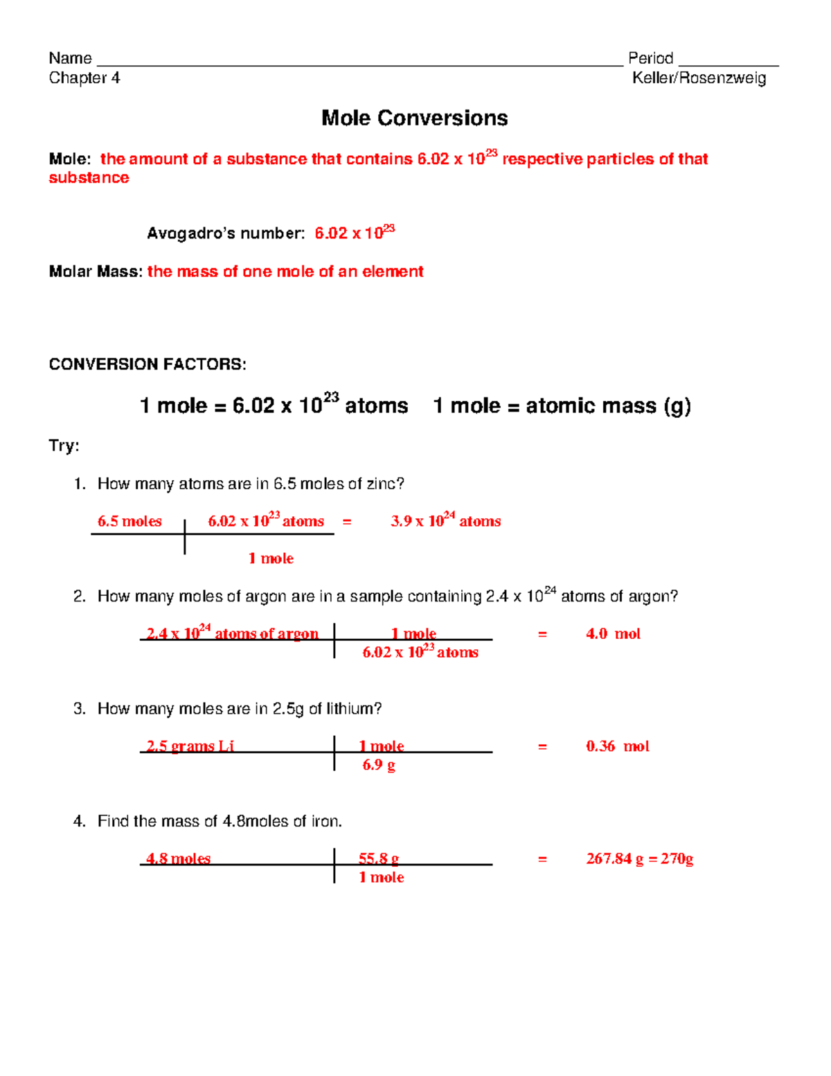Mole conversion Notes KEY - Name