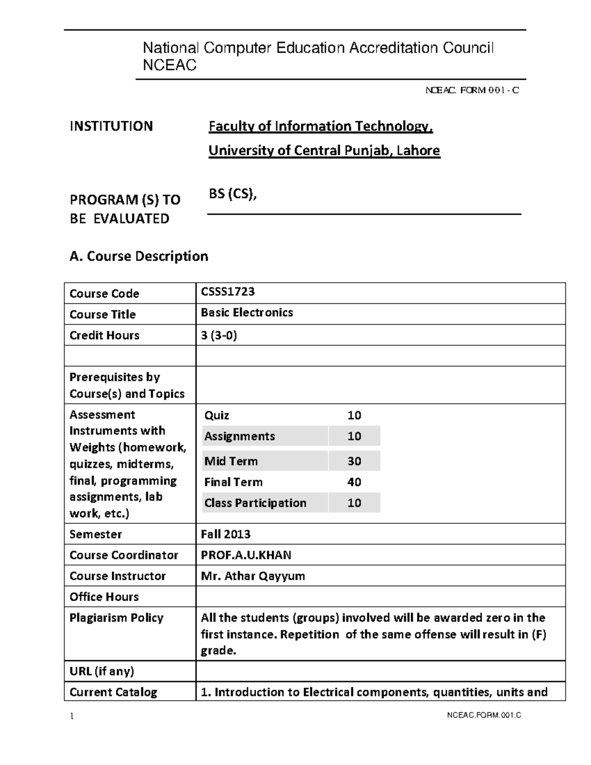 BE Course Descrisfdption Fall2013 - NCEAC NCEAC.FORM-C INSTITUTION ...