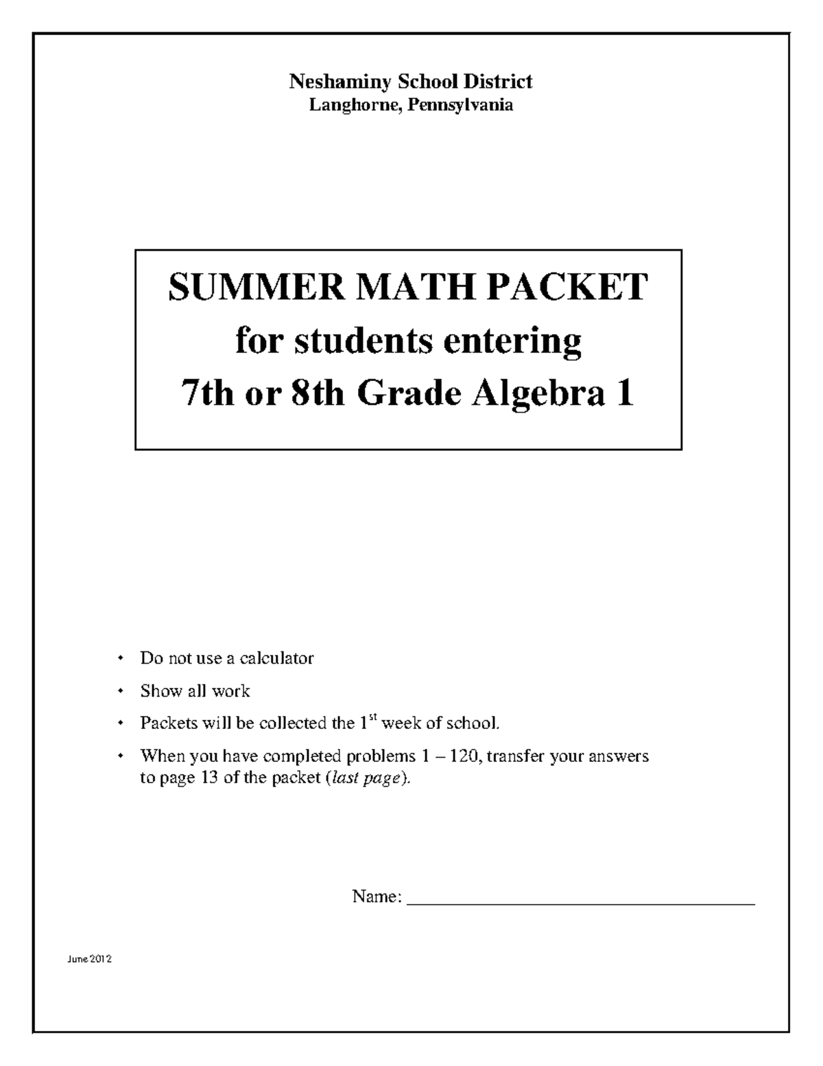 7th or 8th Algebra 1 - Very - Neshaminy School District Langhorne ...