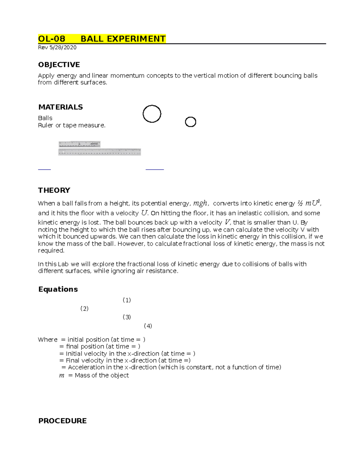 OL-08 Ball Lab - physics exam review - OL-08 BALL EXPERIMENT Rev 5/28 ...