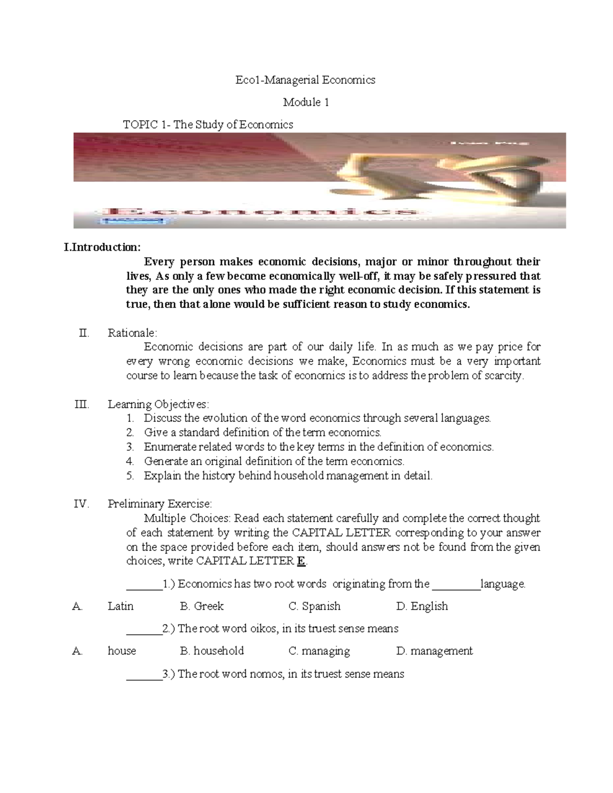 Module 1 ECO 1 - Eco1-Managerial Economics Module 1 TOPIC 1- The Study ...