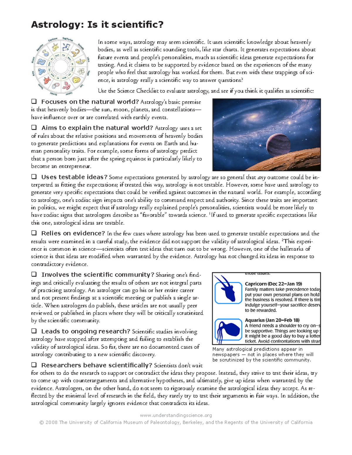 Astrology checklist - understandingscience © 2008 The University of ...
