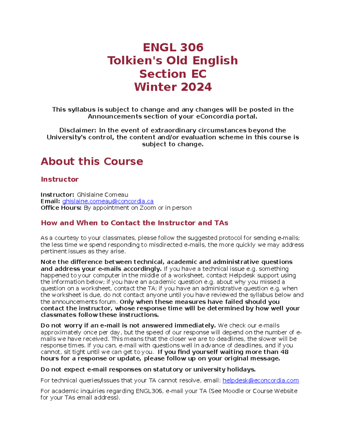 ENGL 306 Syllabus Winter 2024 - ENGL 306 Tolkien's Old English Section ...