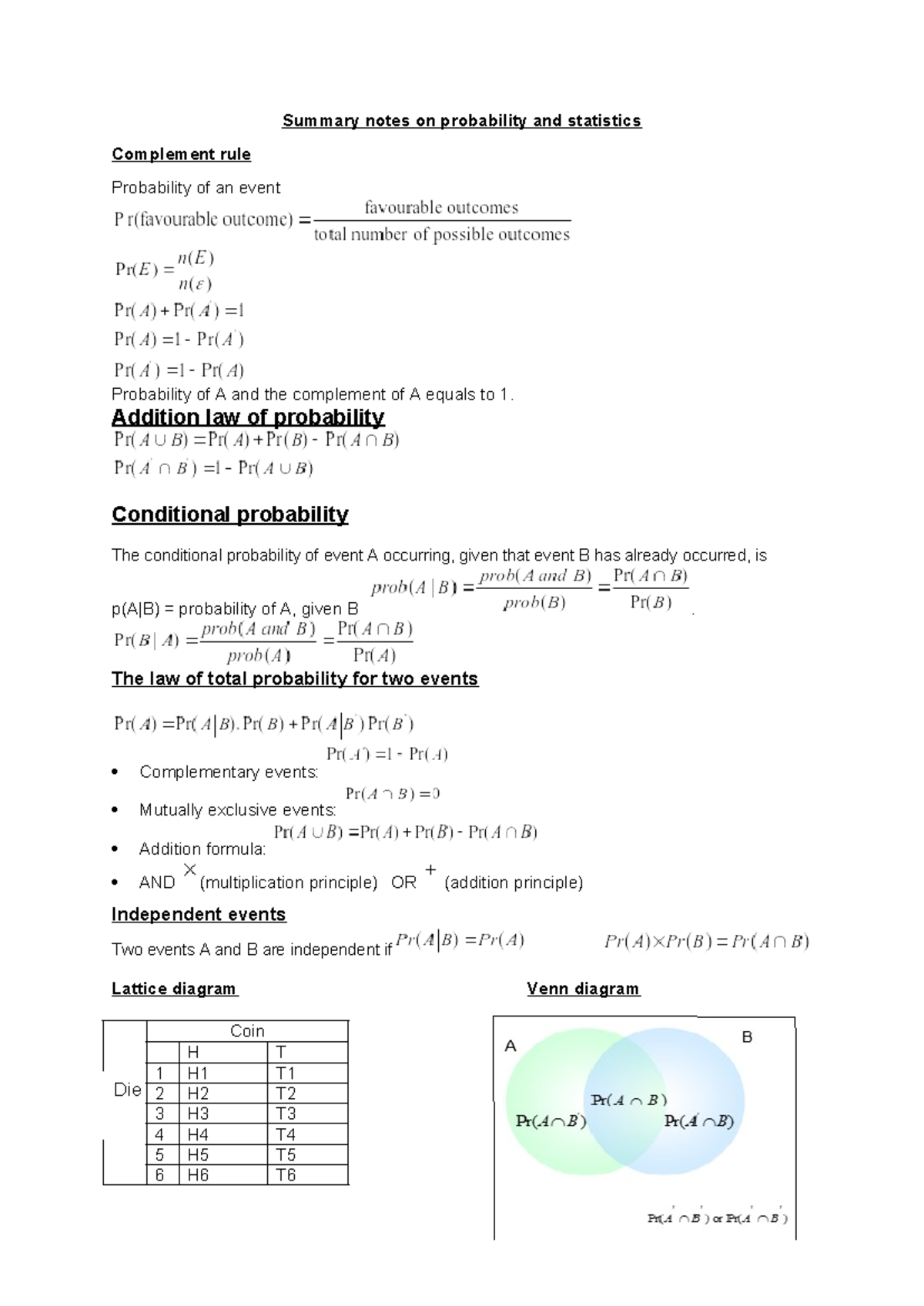 Summary notes on probability and statistics - Summary notes on ...