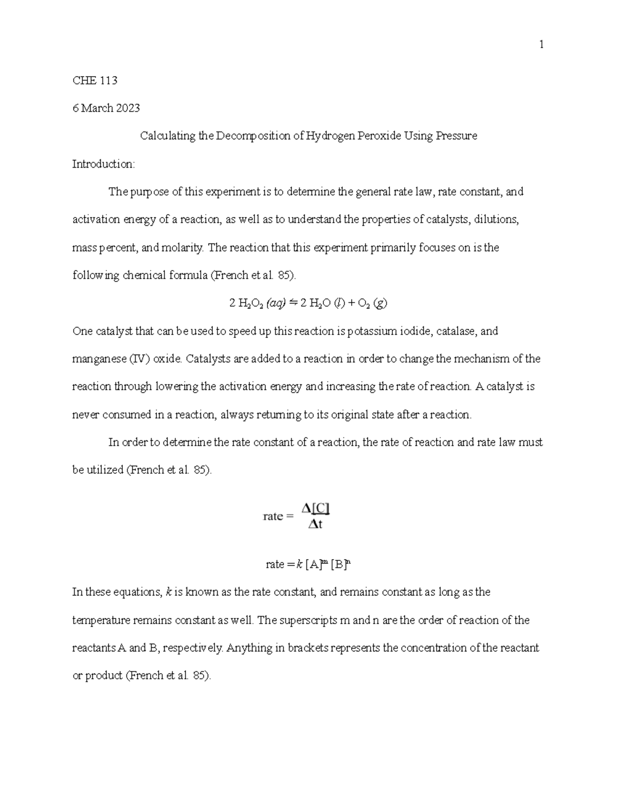 Experiment 14 - Lab Report for exp. 14 - CHE 113 6 March 2023 Calculating the Decomposition of ...