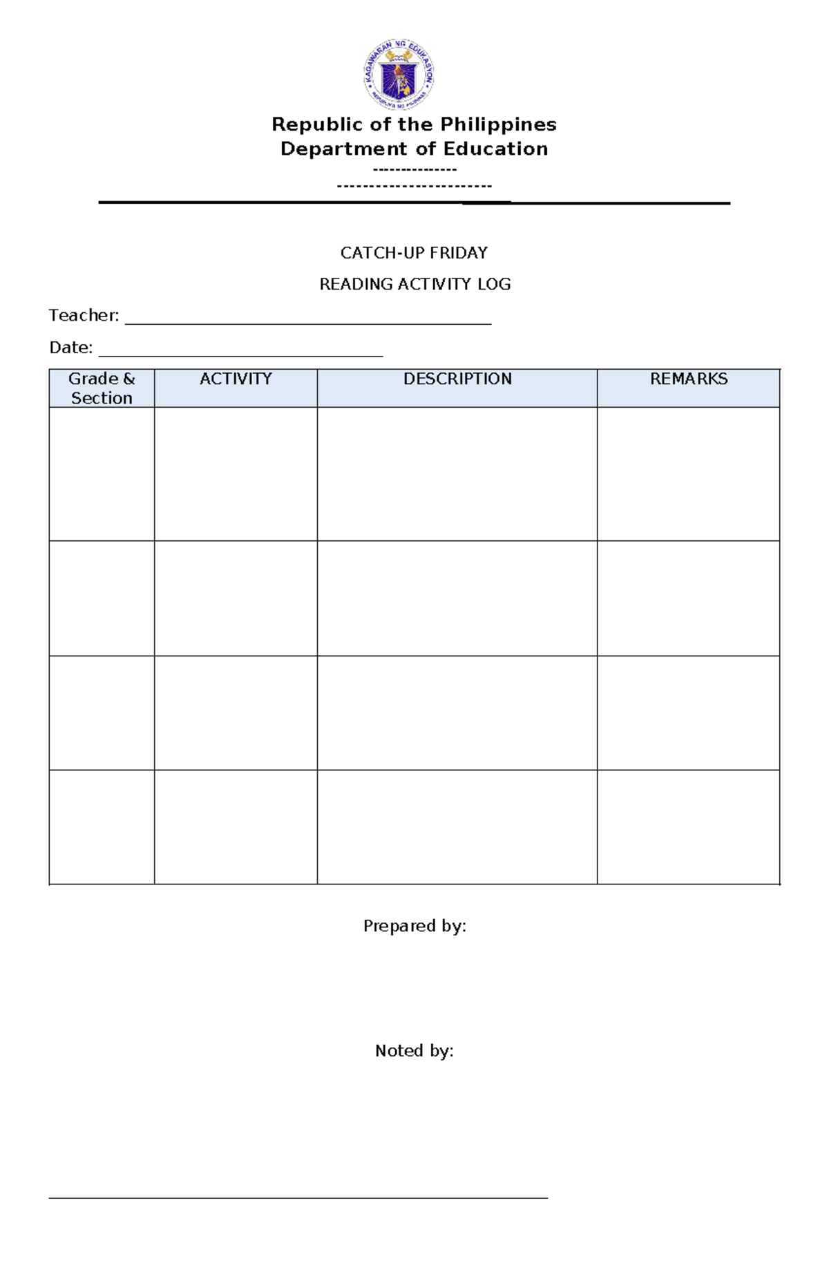 Catch-UP Friday Log Template - Elementary Education - Republic of the ...