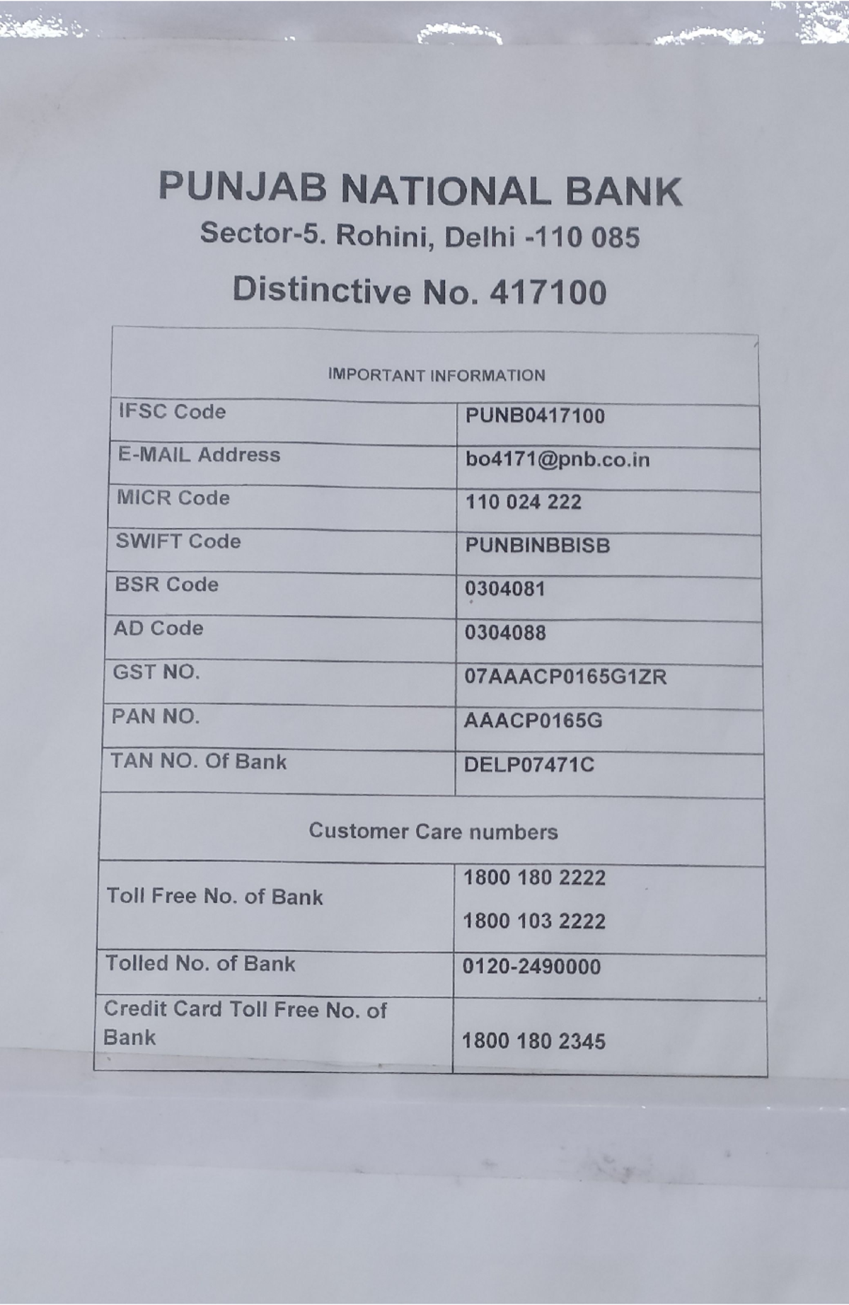 PNB Codes - Good - PUNJAB NATIONAL BANK Rohini, Delhi 085 Distinctive ...