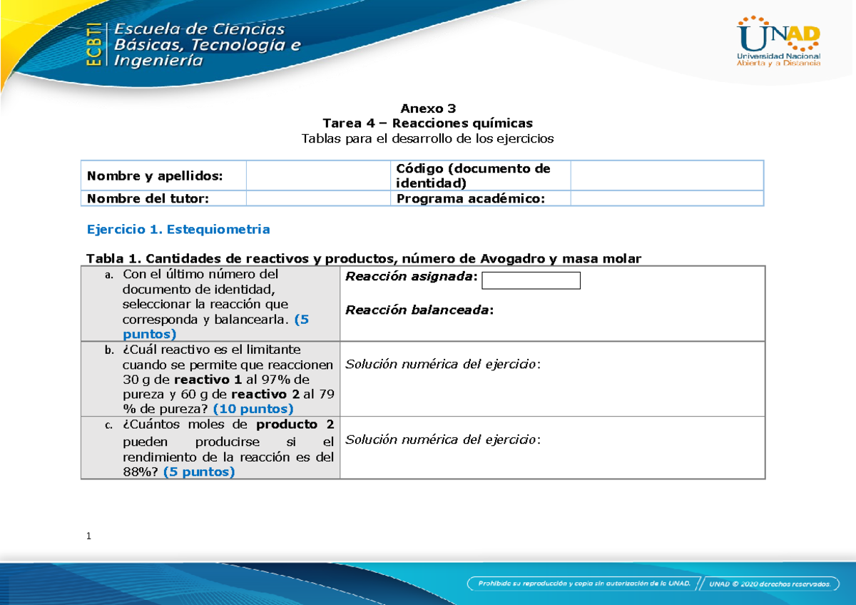 Anexo 3 - .... - Anexo 3 Tarea 4 – Reacciones químicas Tablas para el desarrollo de los ...