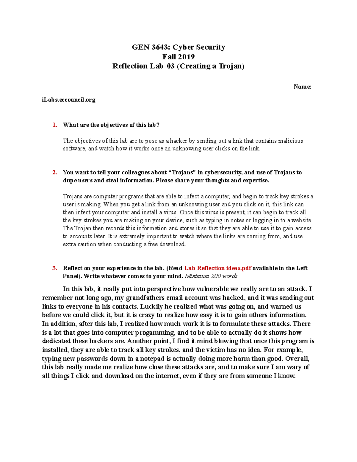Lab-03-Reflection - Homework questions and answers - GEN 3643: Cyber ...