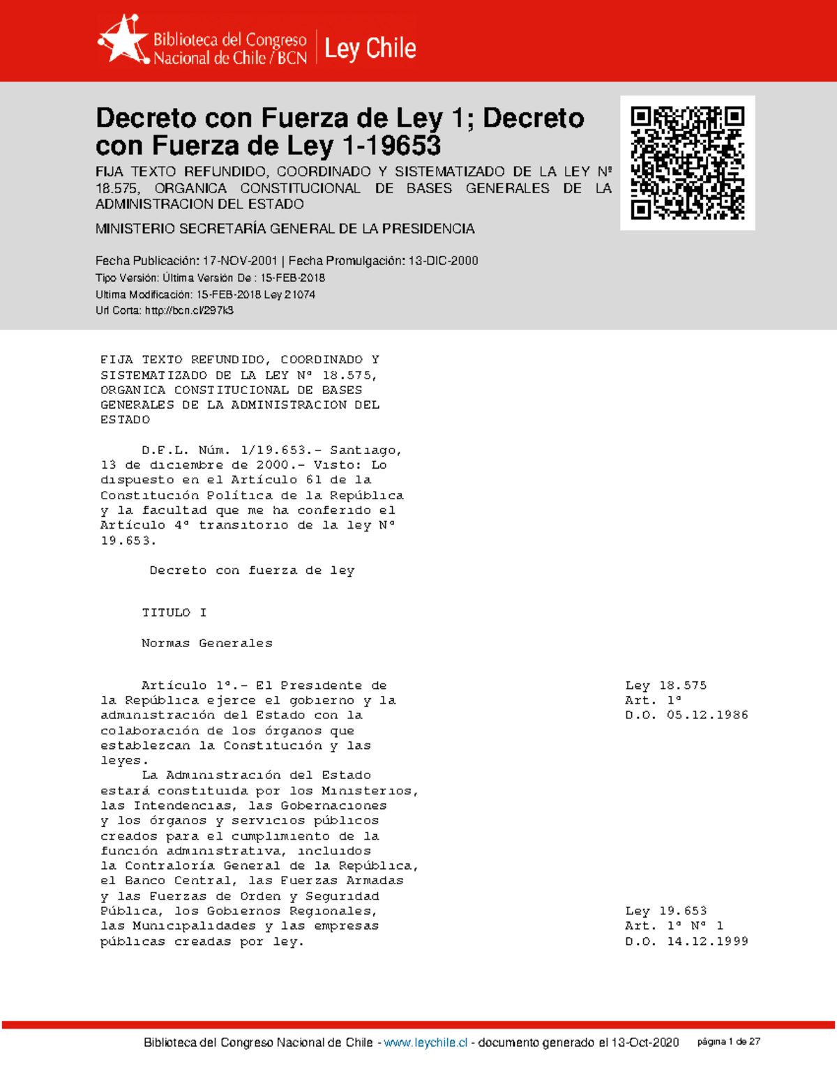 LEY 18.575 2021- CONSTITUCION CHILENA VIGENTE - Decreto con Fuerza de ...