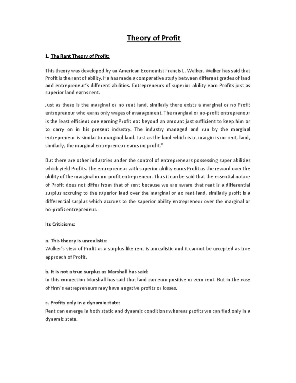 Theory of Profits - Theory of Profit The Rent Theory of Profit: This ...