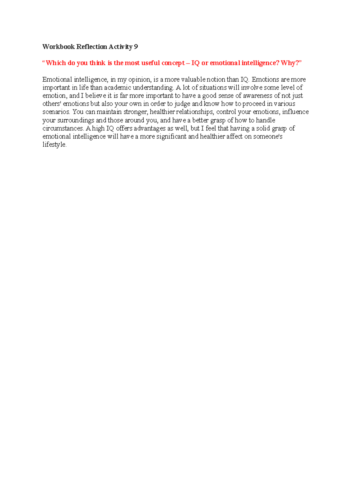 Workbook Reflection Activity 9 - Emotions are more important in life ...