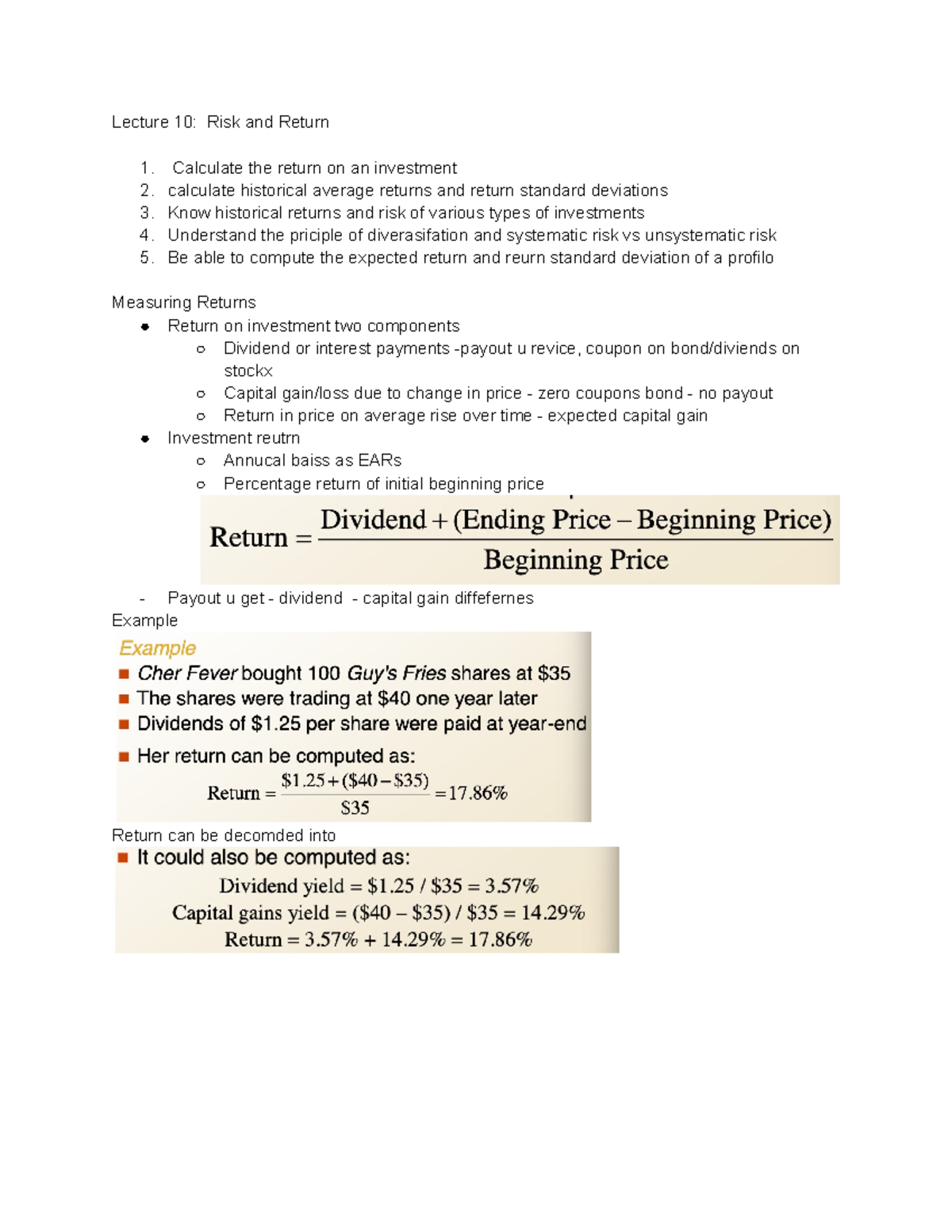 Lecture 10 Risk and Return - Lecture 10: Risk and Return 1. Calculate the return on an ...