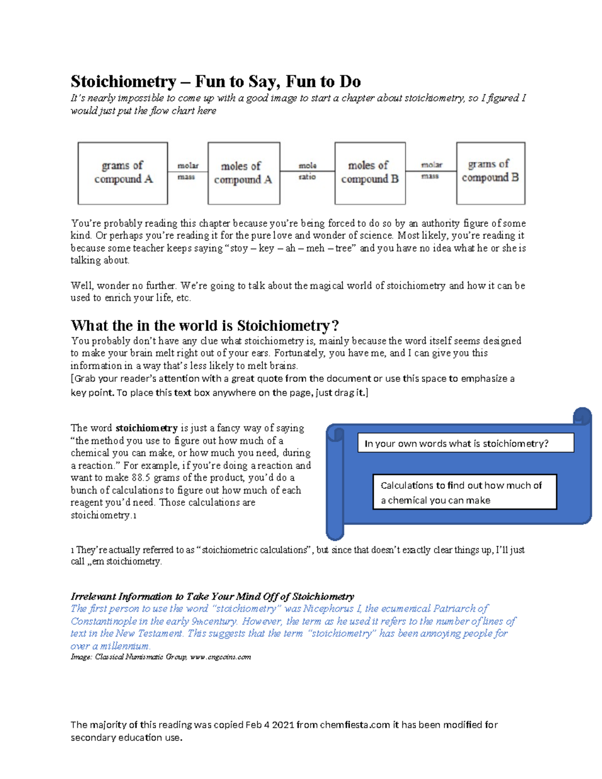 Stoichiometry reading assignment - Stoichiometry – Fun to Say, Fun to ...
