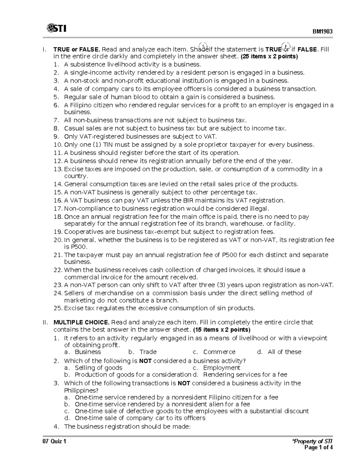 07 Quiz 1 ABES BTAX - tax - 07 Quiz 1 *Property of STI I. TRUE or FALSE ...