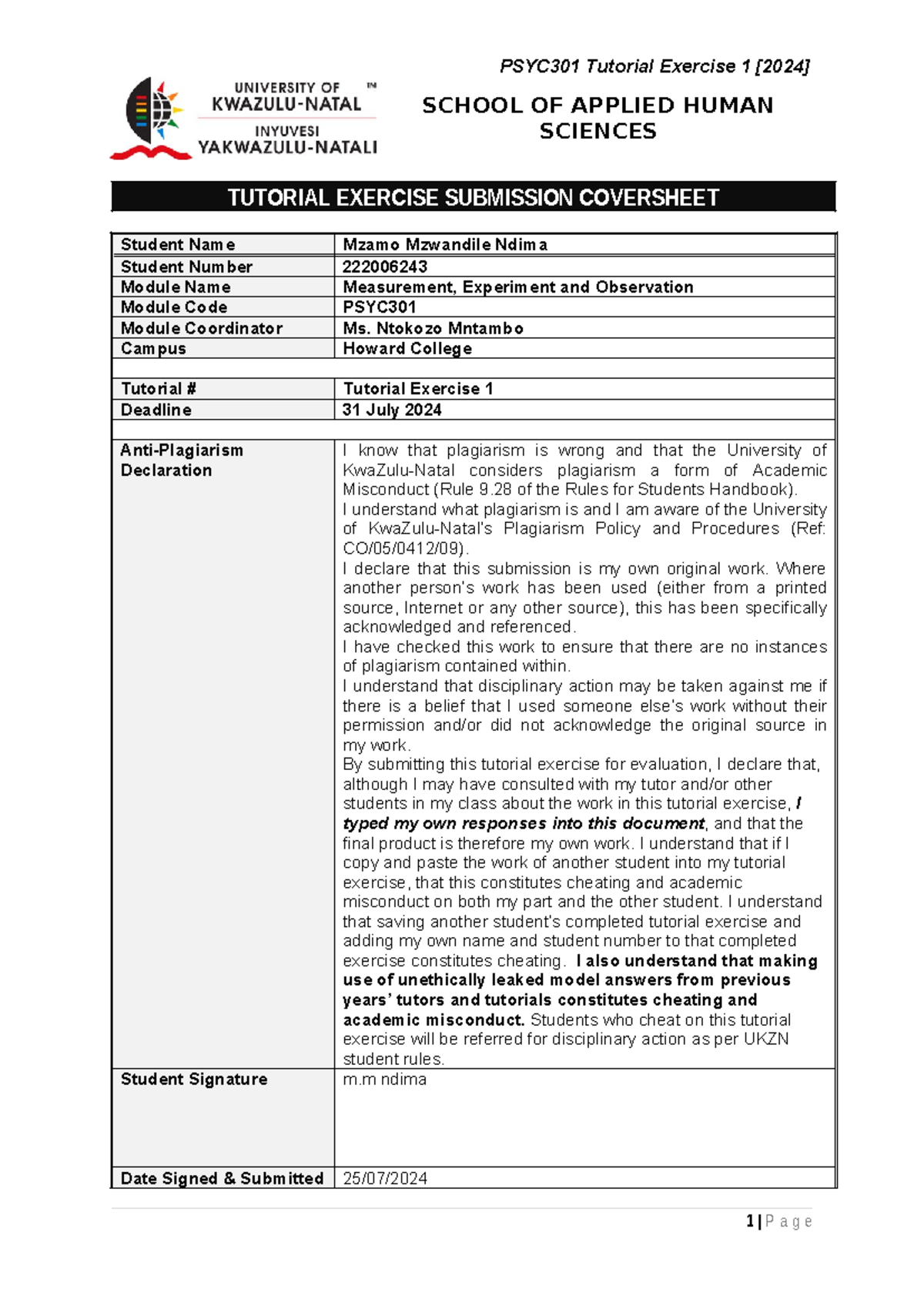 PSYC301 Tutorial Exercise 1 2024 - SCHOOL OF APPLIED HUMAN SCIENCES ...