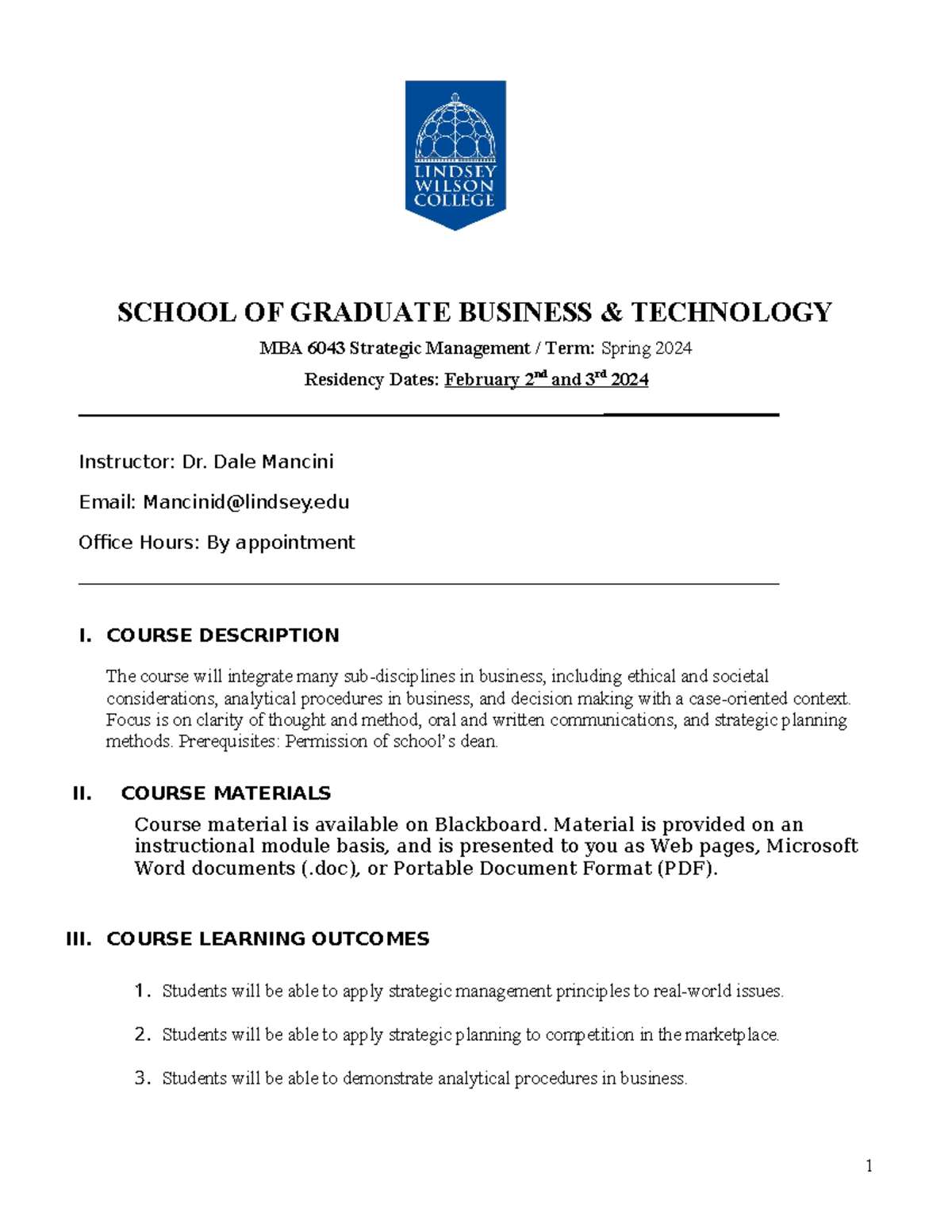 MBA 6043 Strategic Management Master Syllabus 2024 - SCHOOL OF GRADUATE ...