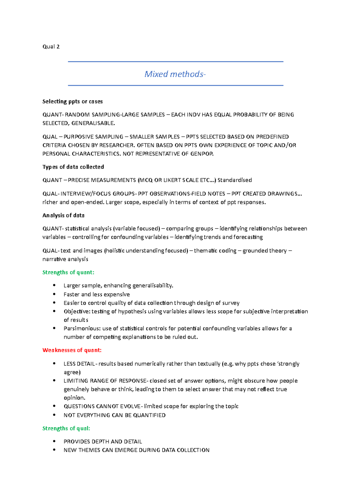 Mixed Methods Lec Lec Notes Qual 2 Mixed Methods Selecting Ppts Or Cases Quant Random