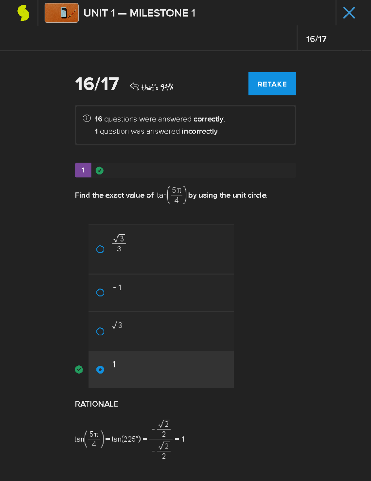 Sophia Calc Milestone 1 1 16 17 Thats 94 Retake 16 Questions Were Answered Correctly 1