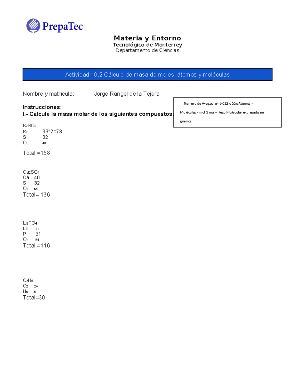 Actividad 10.2 Cálculo de masa de moles, átomos y moléculas ...