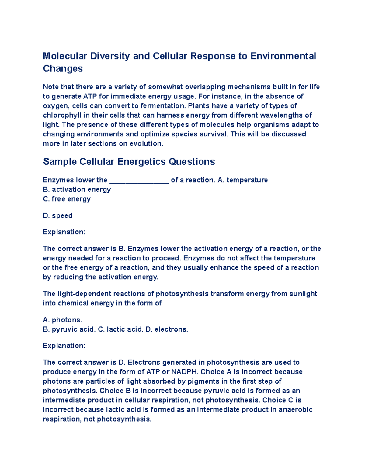 AP Biology Study Guide -6 - Molecular Diversity and Cellular Response ...