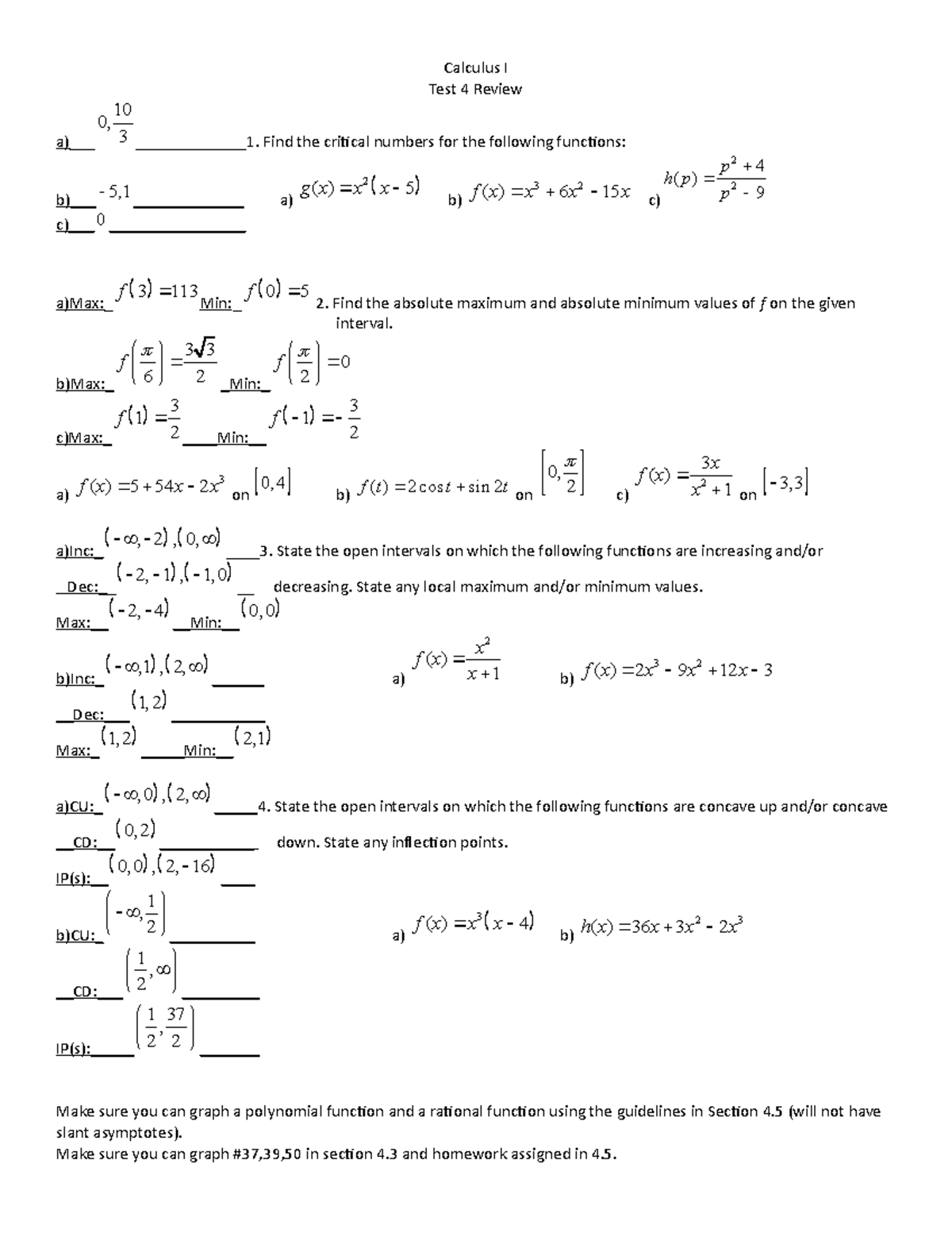 Calculus I Test 4 Reveiw - Calculus I Test 4 Review a)___ 10 0, 3 ...