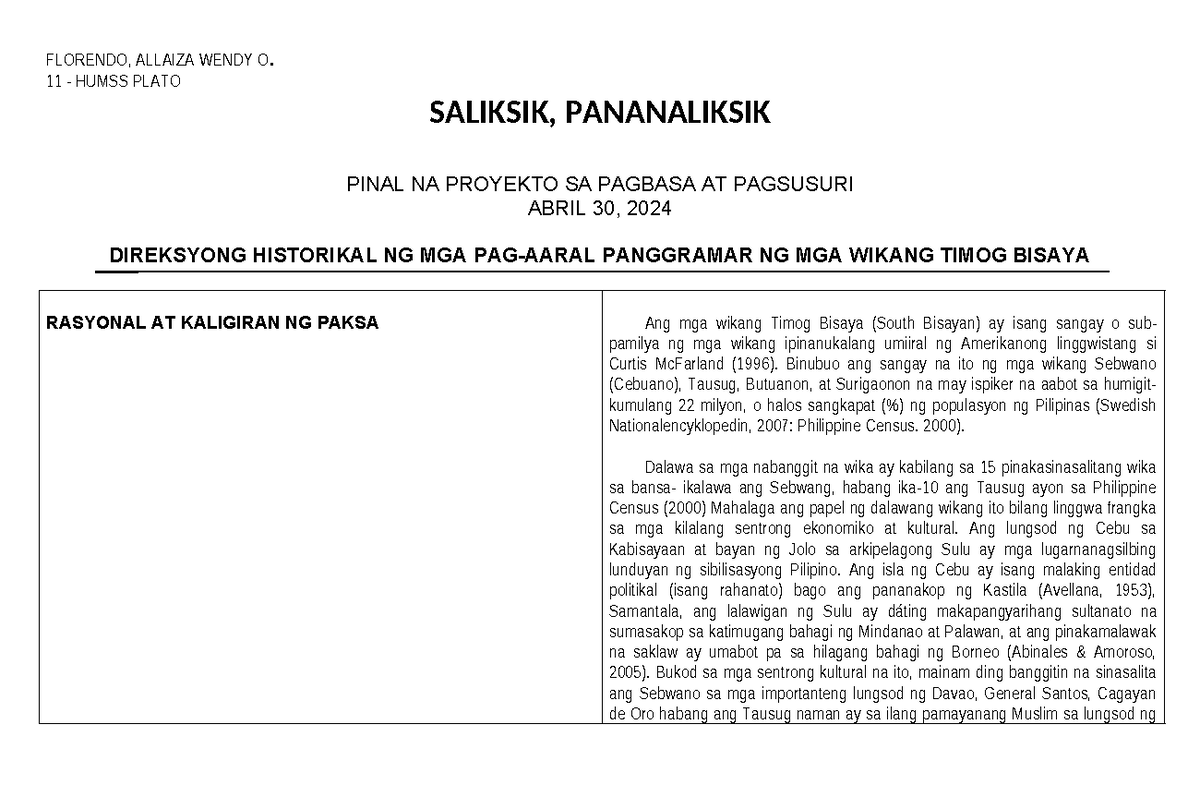 Florendo - FLORENDO, ALLAIZA WENDY O. 11 - HUMSS PLATO SALIKSIK ...