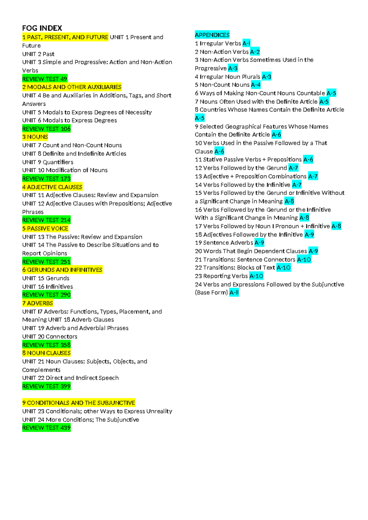 Grammar Indexes - Indices de gramatica - FOG INDEX 1 PAST, PRESENT, AND ...