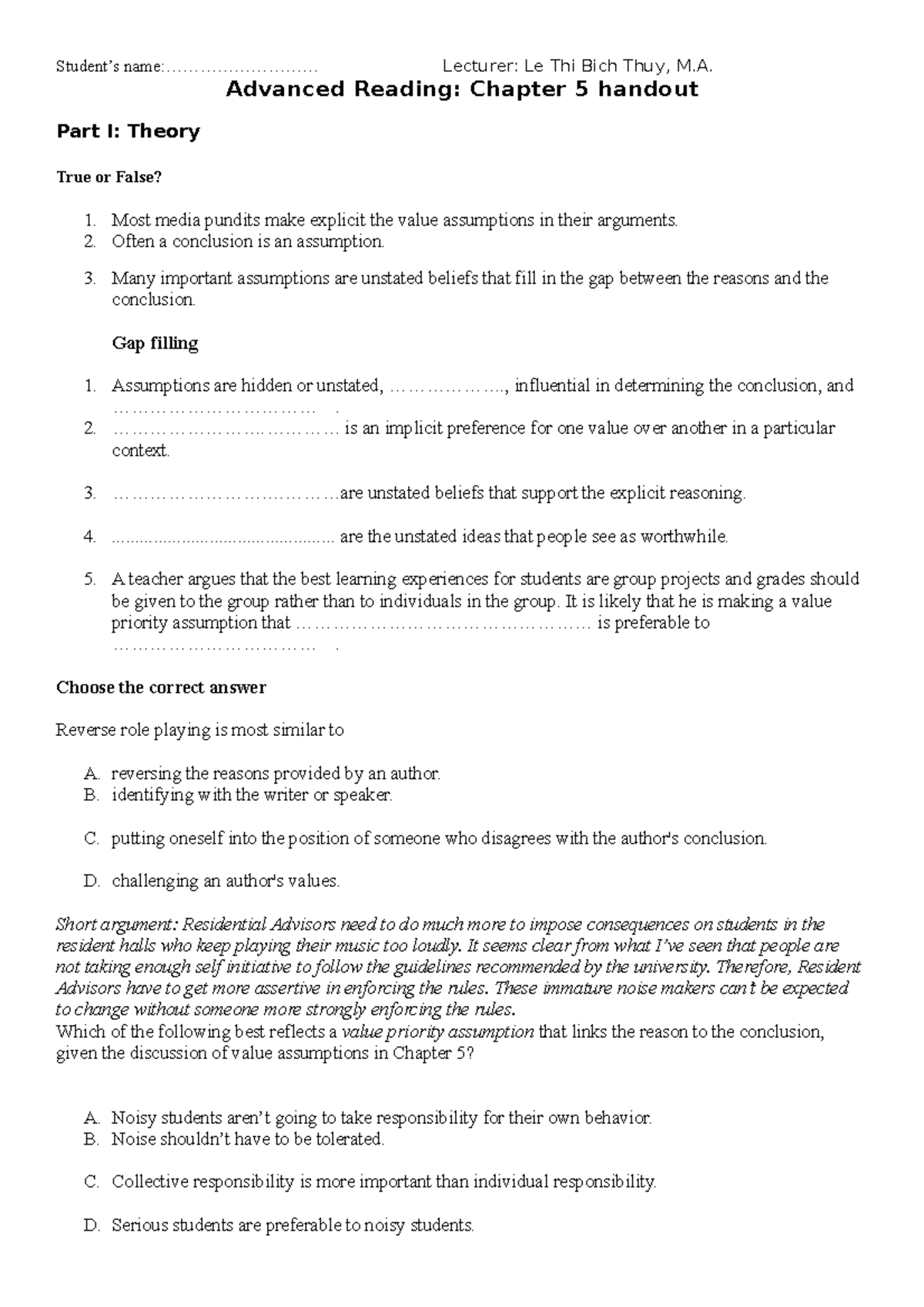 Chapter 5handout-CRITICAL THINKING - Student’s name ...