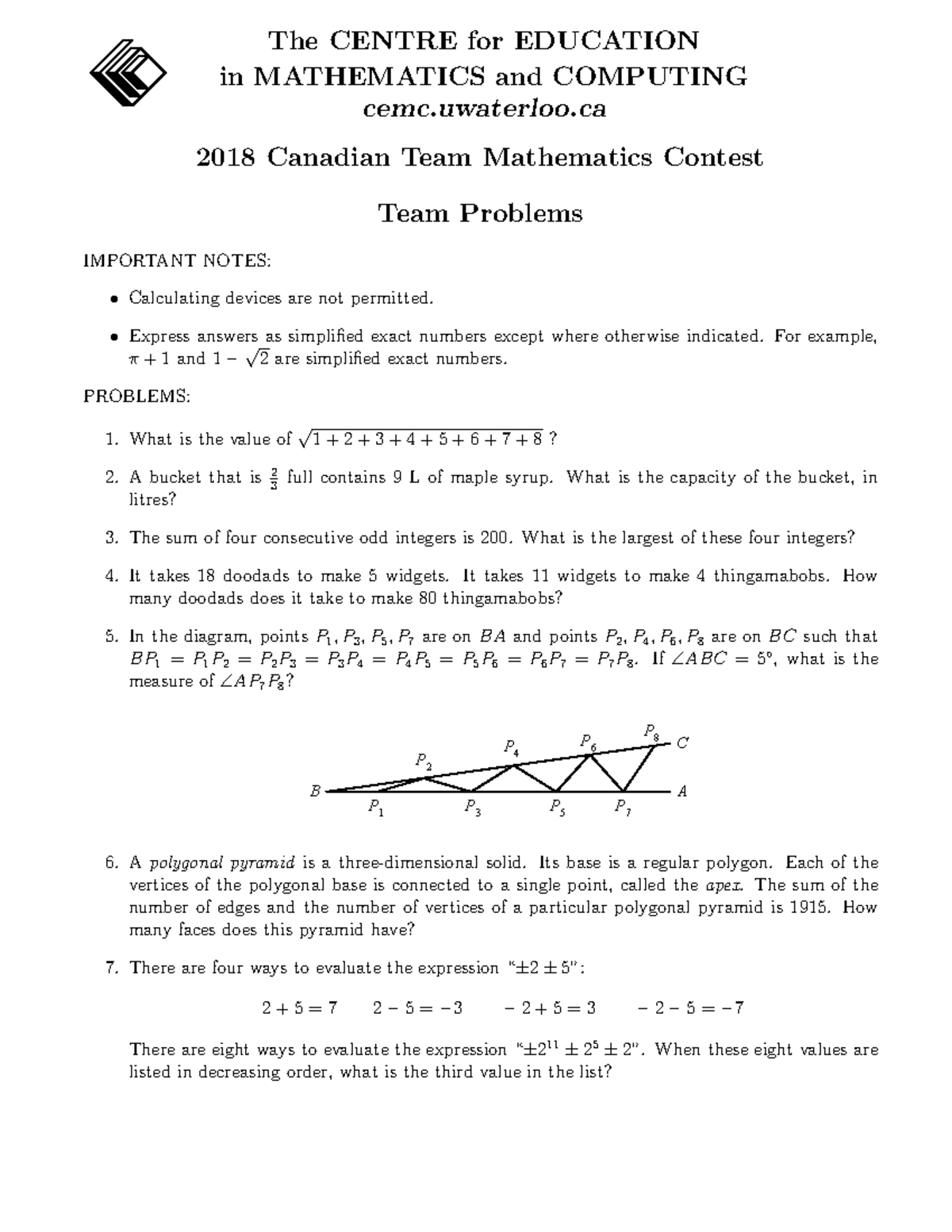 2018 Ctmcteam Problems - The CENTRE for EDUCATION in MATHEMATICS and ...