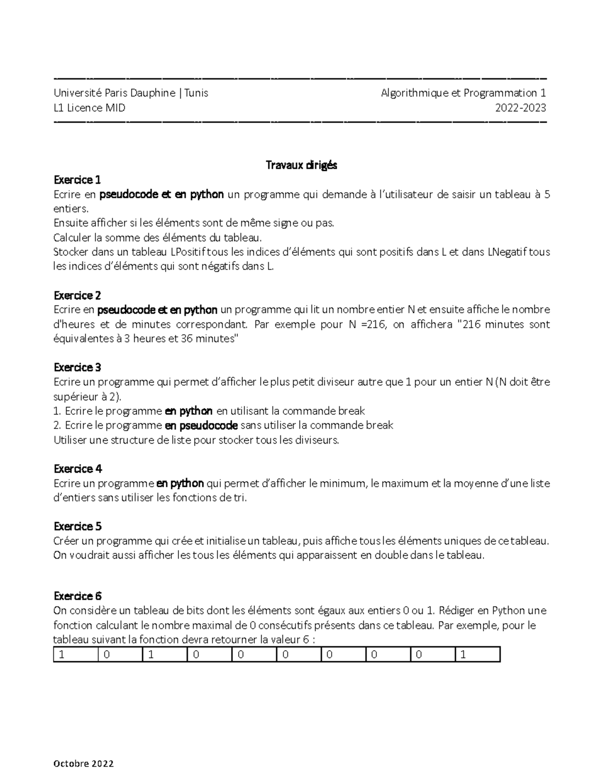 TD Listes Python - Octobre 2022 - UniversitÈ Paris Dauphine |Tunis ...