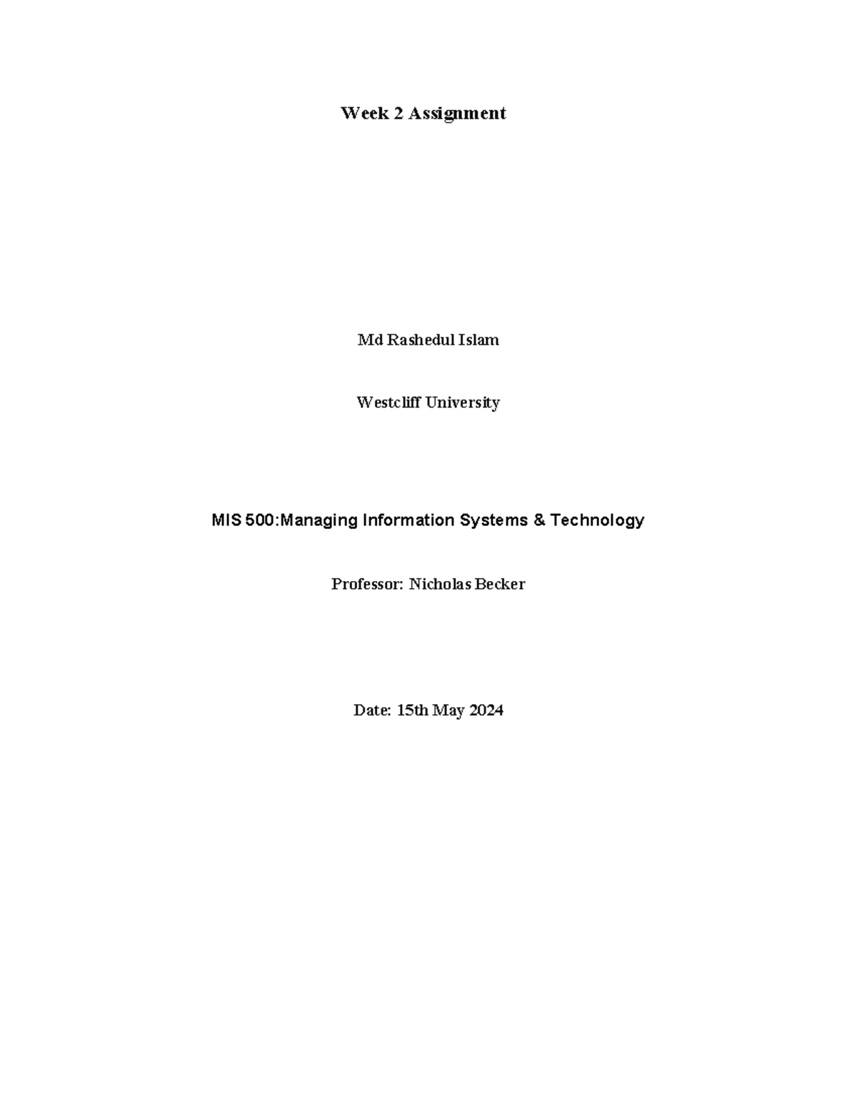 Week 2 Assignment mis 500 - Week 2 Assignment Md Rashedul Islam ...