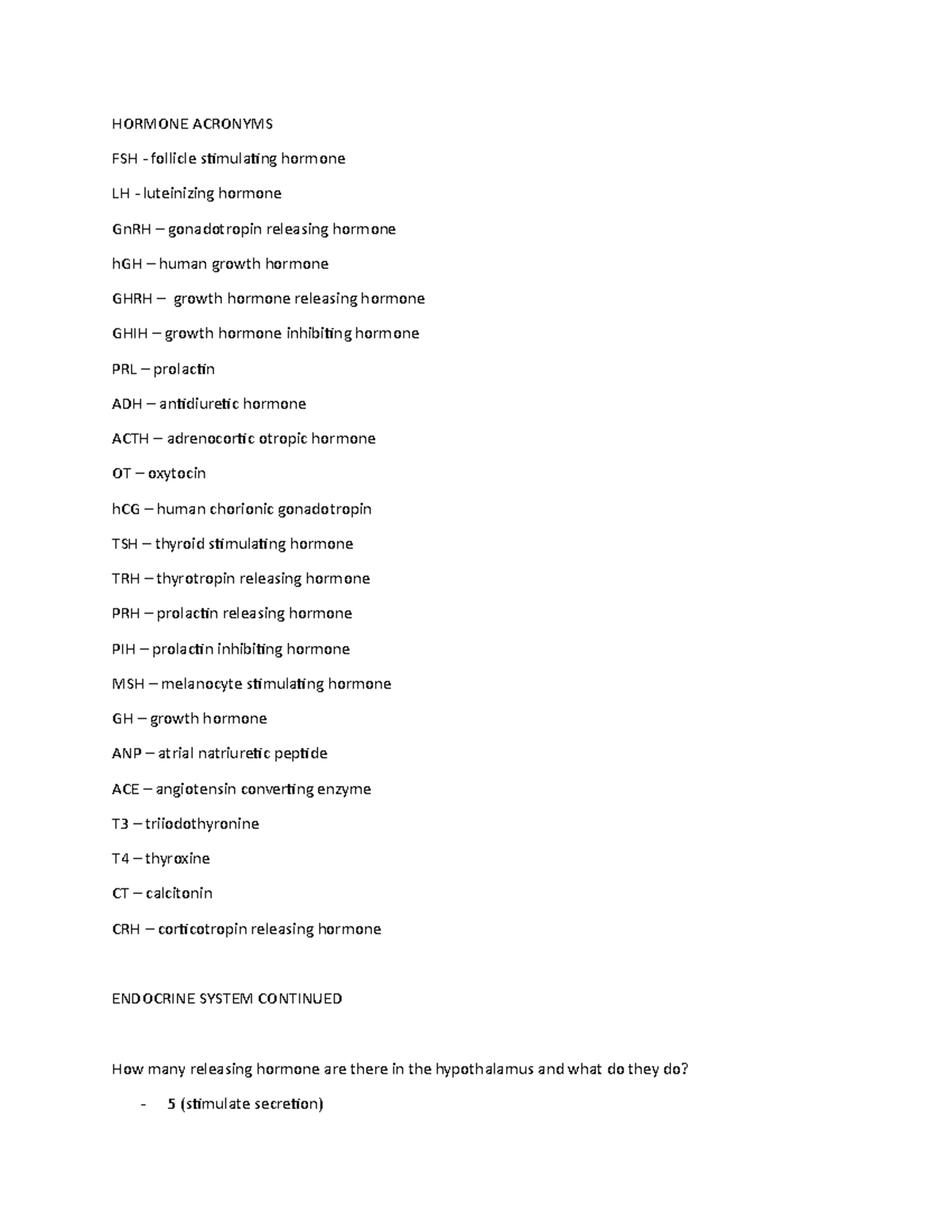 Hormone Acronyms - HORMONE ACRONYMS FSH - follicle stimulating hormone ...