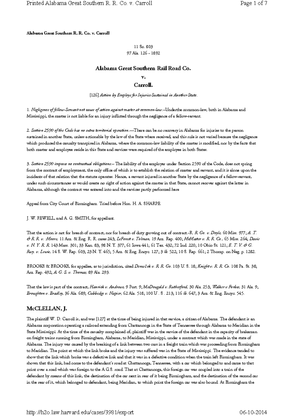 Alabama Great Southern RR Co v. Carroll - Alabama Great Southern R. R ...