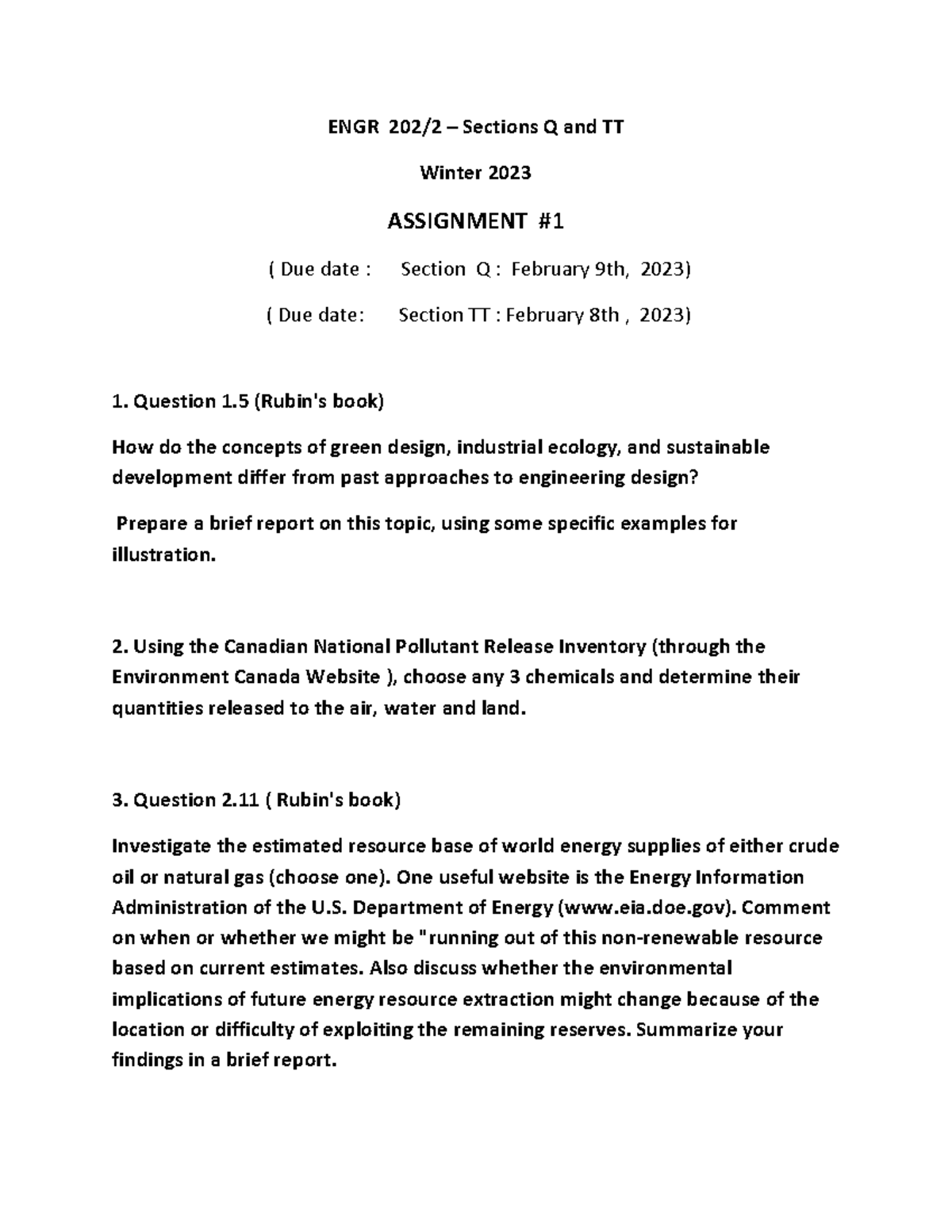 Ass. Number 1 ENGR 202-Fall 2022 - ENGR 202/2 – Sections Q and TT Winter 2023 ASSIGNMENT ( Due ...