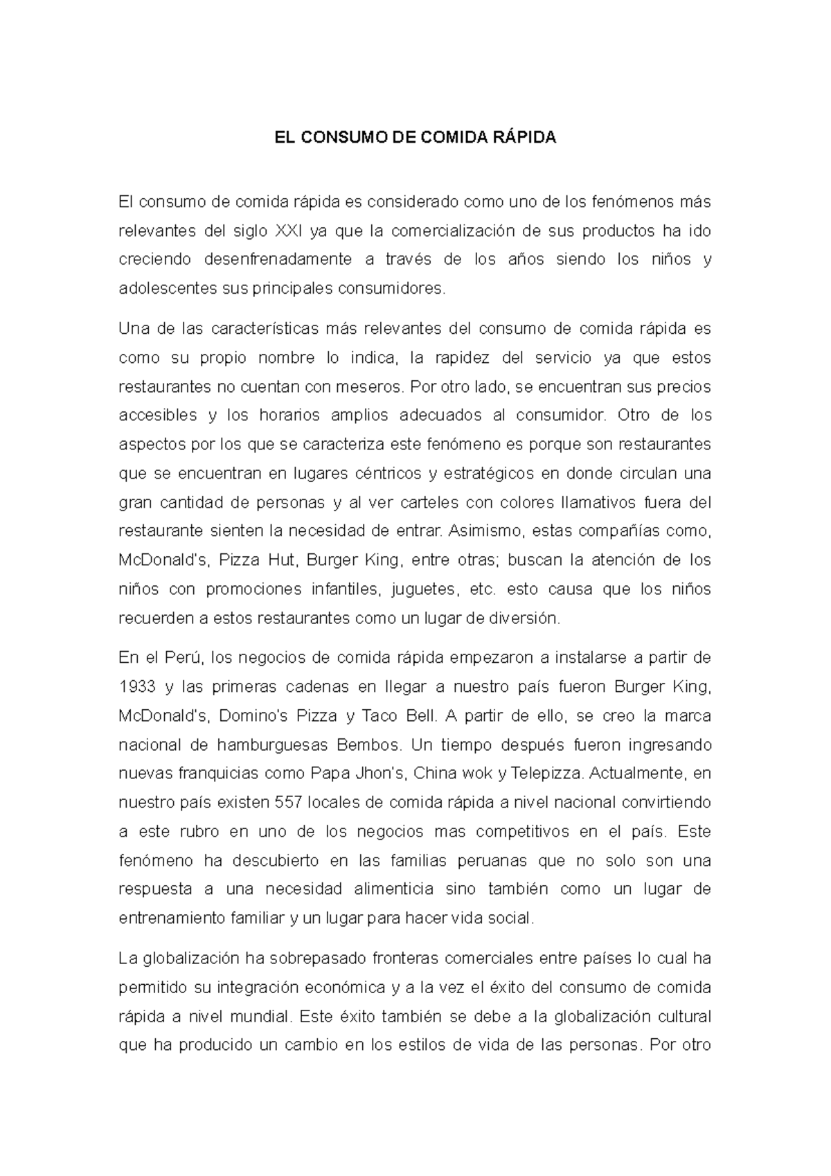 TA1 Globa - Tarea Academica 1 - EL CONSUMO DE COMIDA RÁPIDA El consumo ...