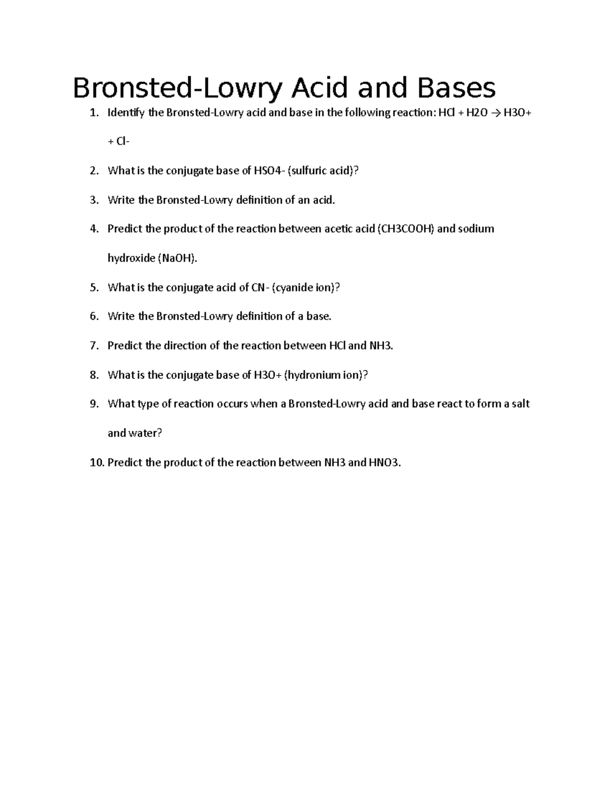 Bronsted.Lowry acid and bases - Bronsted-Lowry Acid and Bases Identify ...