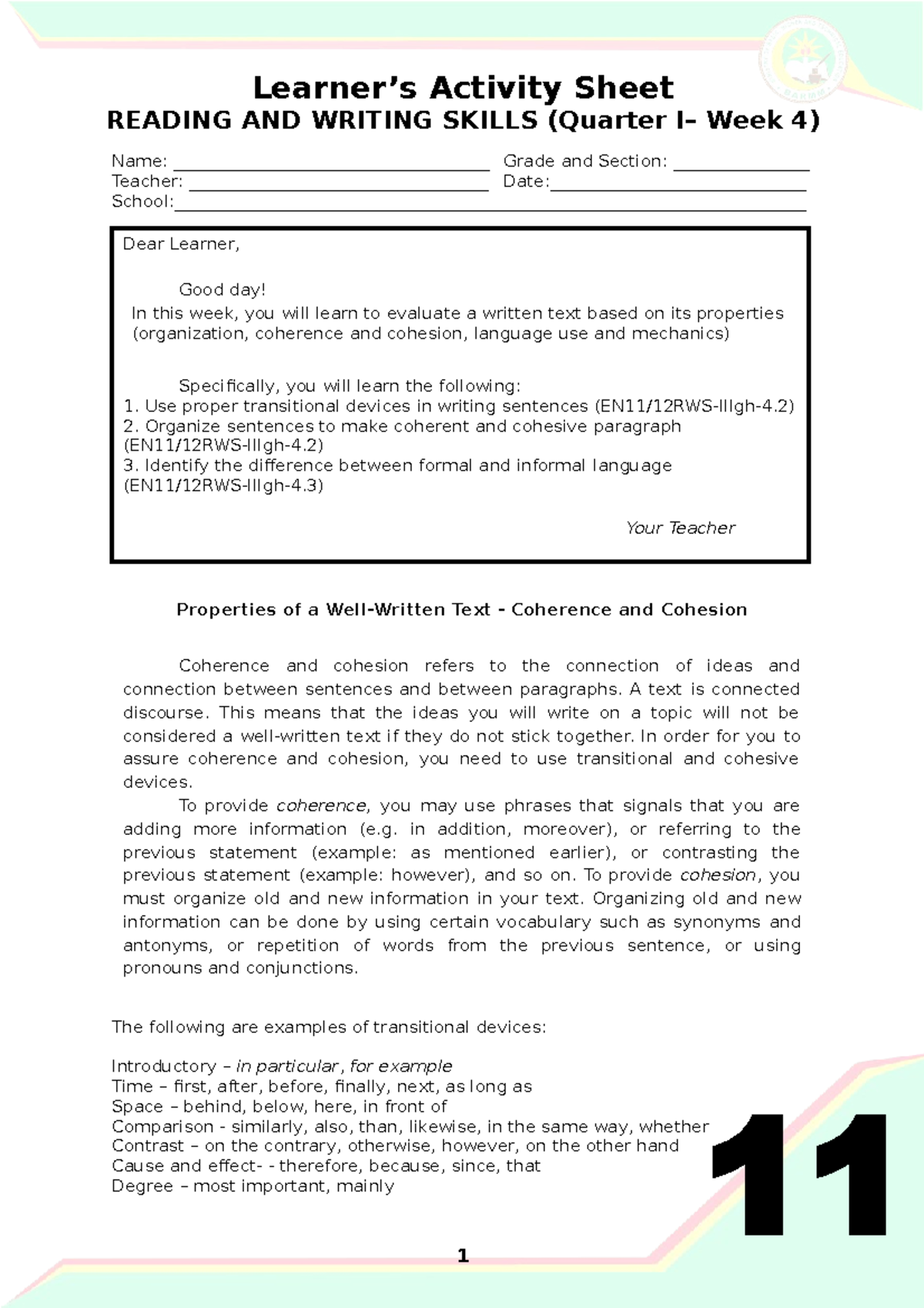 Week-4 - LAS - Name: _____________________________________ Grade and ...