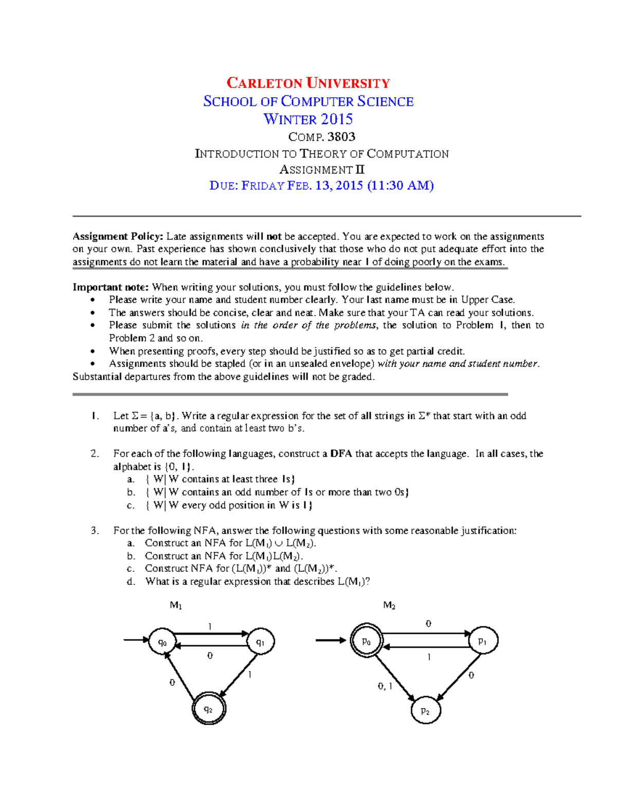 Mandatory Assignment 02 - Questions - CARLETON UNIVERSITY SCHOOL OF COMPUTER SCIENCE WINTER 2015 ...