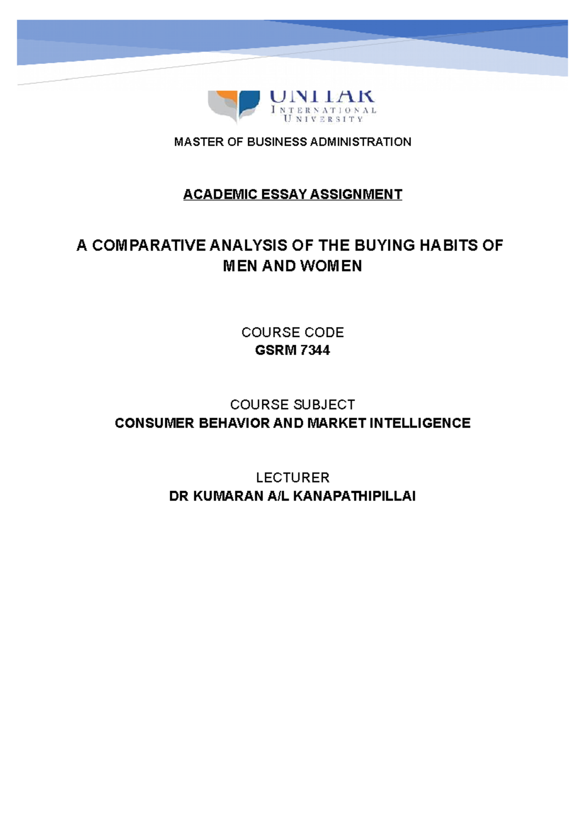 (Consumer behavior) - MASTER OF BUSINESS ADMINISTRATION ACADEMIC ESSAY ...