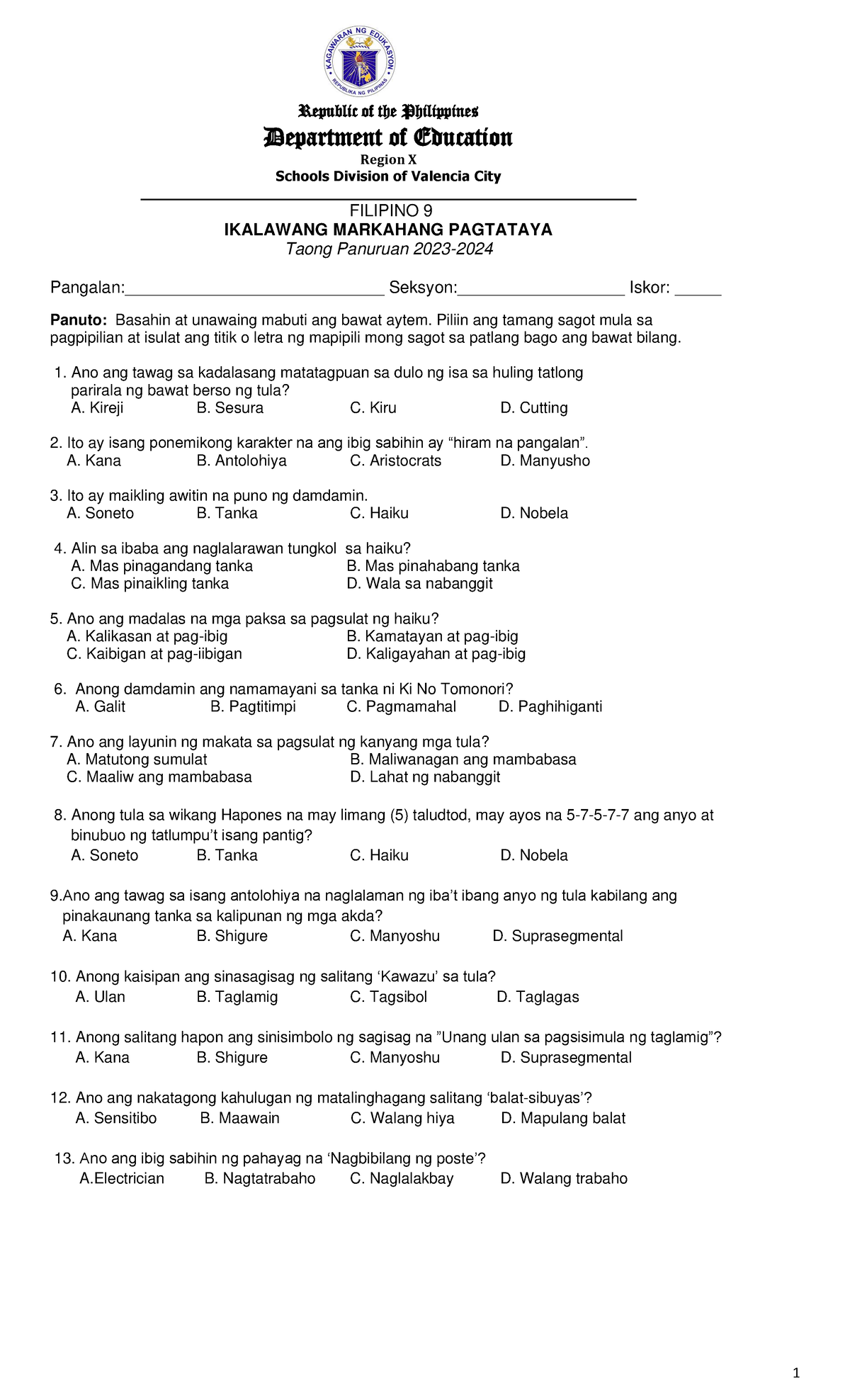 Filipino 9 Q2 - modyul 9 - Republic of the Philippines Department of Education Region X Schools ...