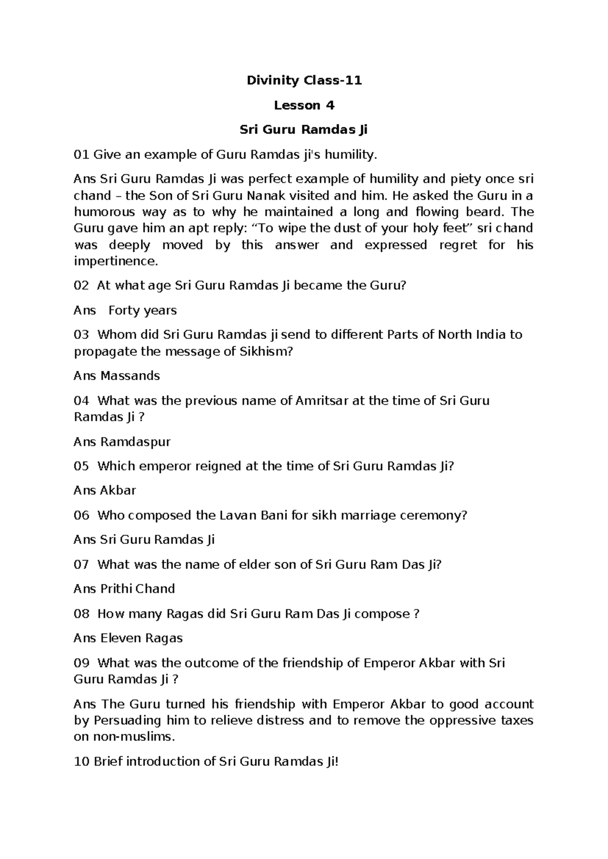 Divinity notes for class 11 - Divinity Class- Lesson 4 Sri Guru Ramdas ...