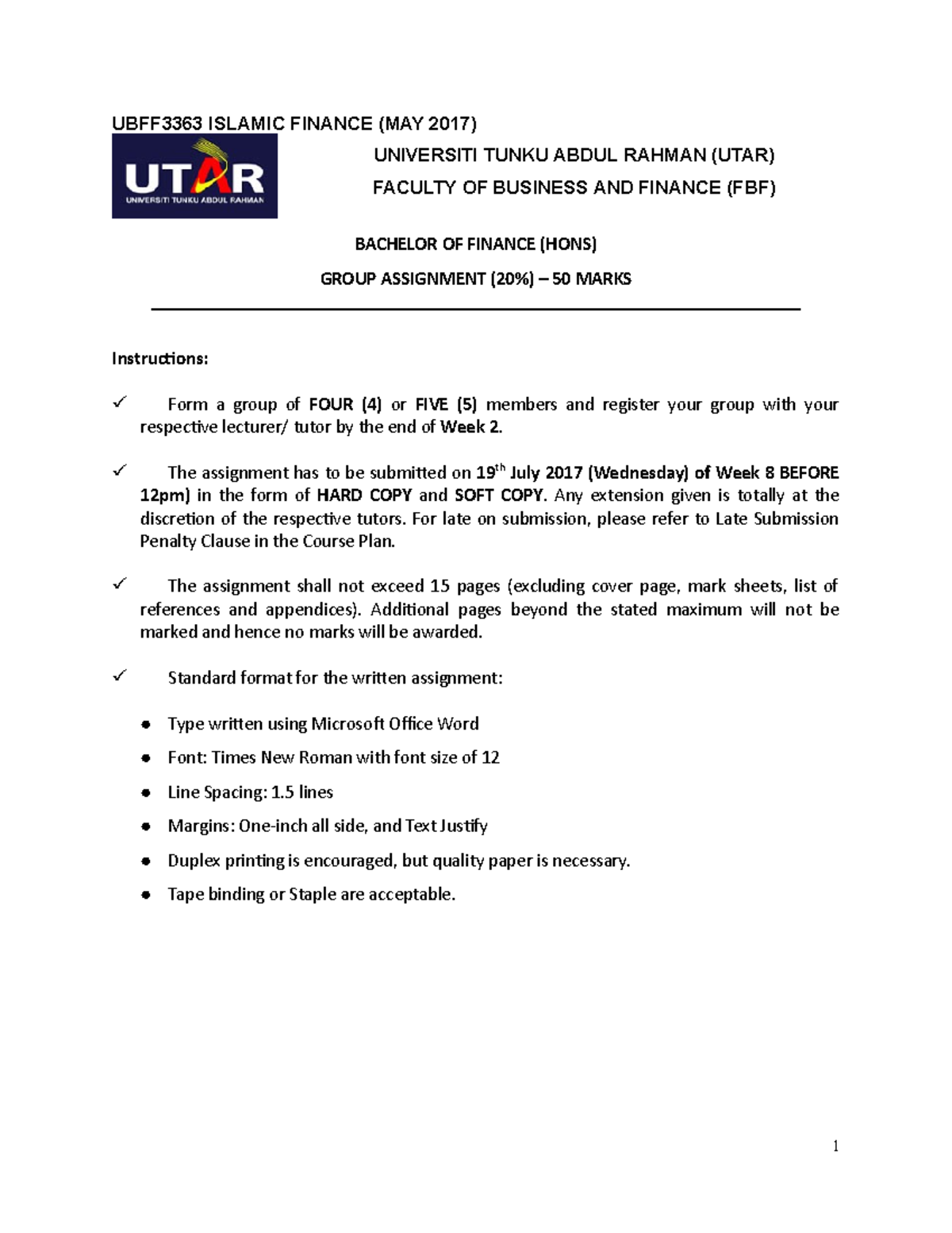Guidelines - Assignment - UNIVERSITI TUNKU ABDUL RAHMAN (UTAR) FACULTY ...