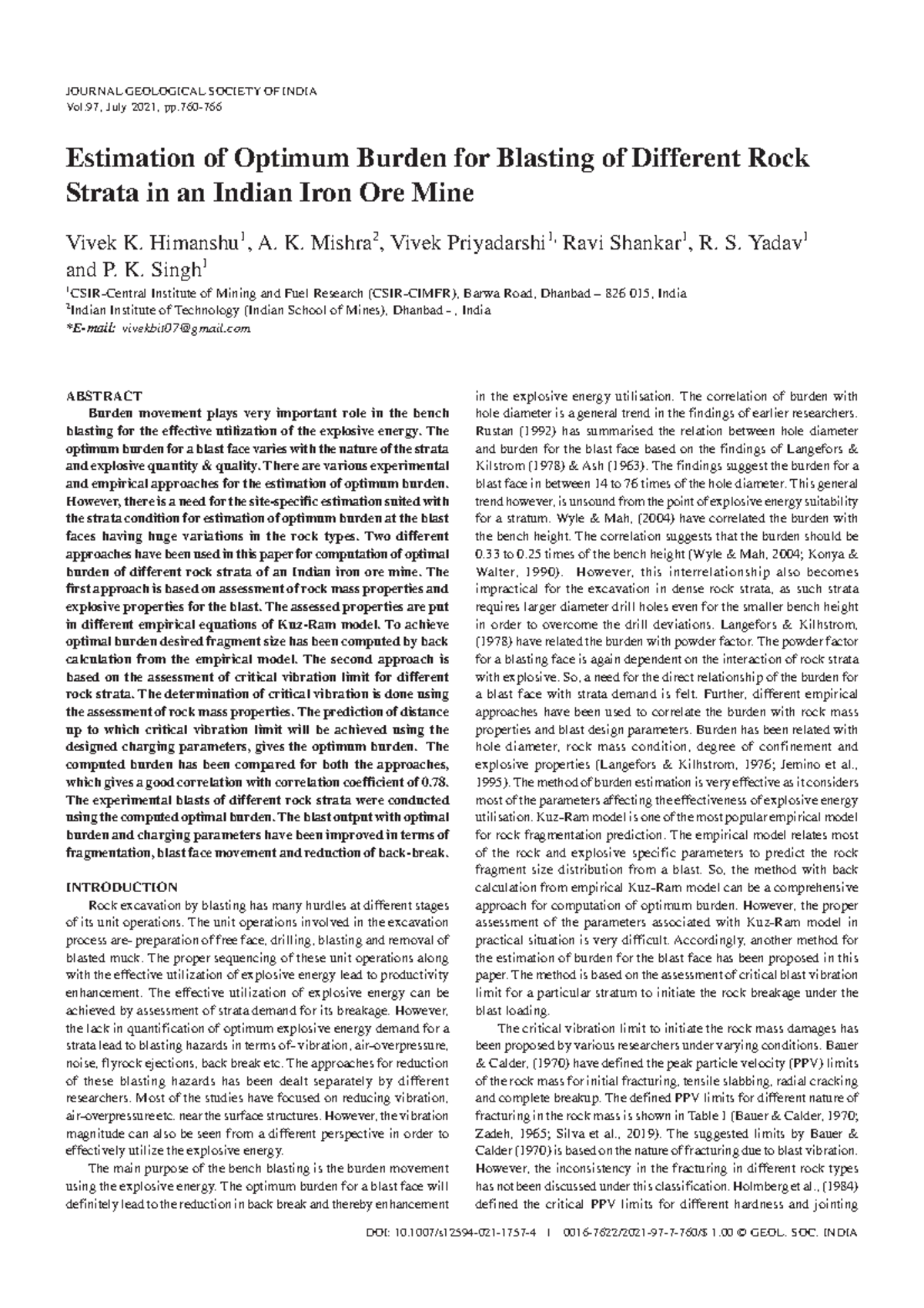 Estimation of Optimum Burden for Blasting of Different Rock Strata in ...
